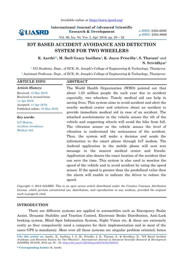 IoT Based Accident Avoidance and Detection System for Two Wheelers | PDF