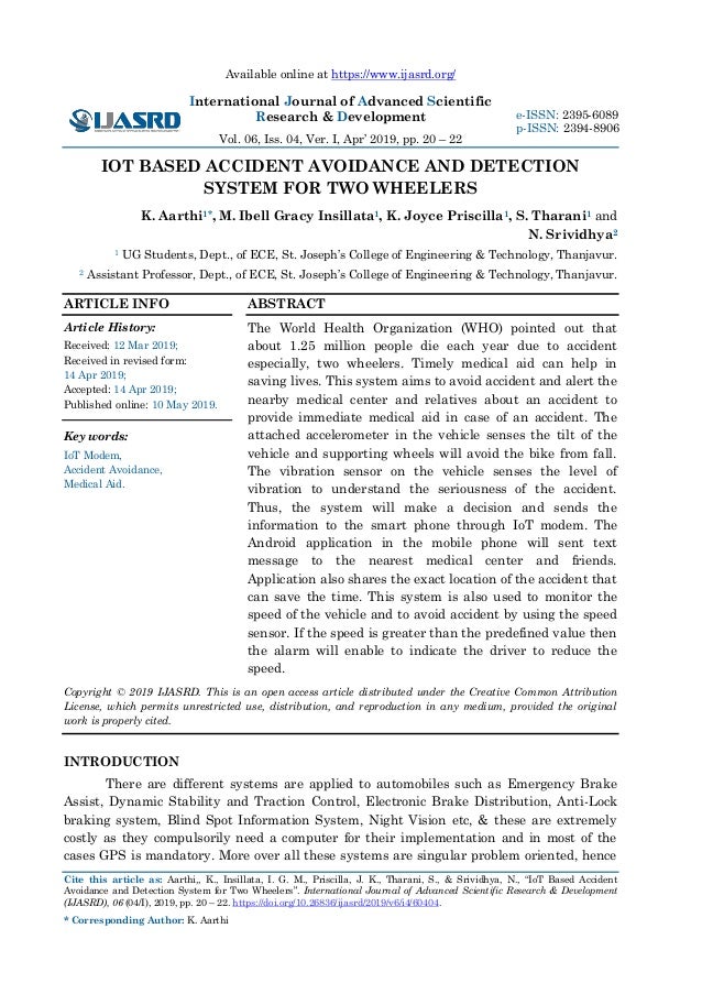 Iot Based Accident Avoidance And Detection System For Two Wheelers