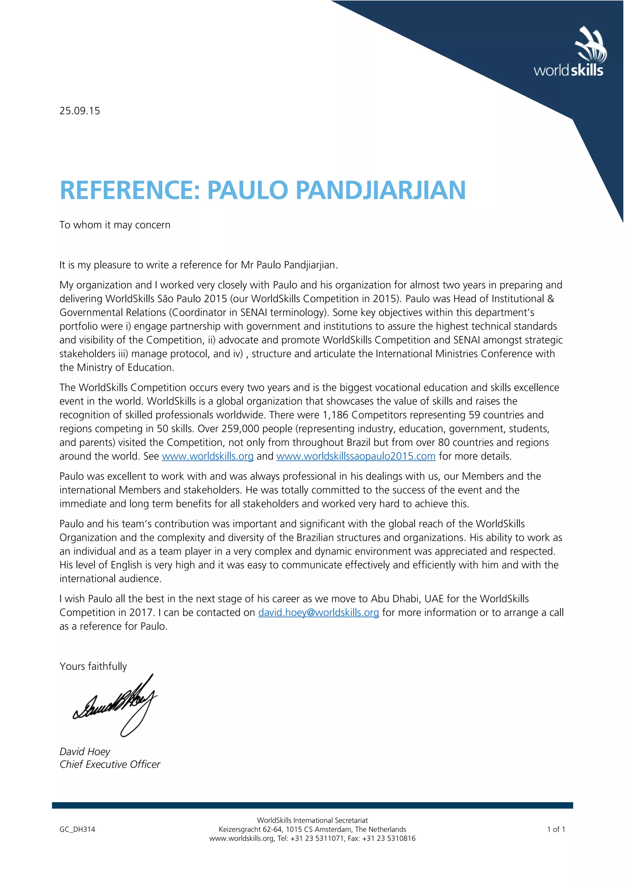 Paulo Pandjiarjian - Letter of Reference - David Hoey (WorldSkills) | PDF