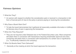 Fairness Opinions, Financial Analyses, Projections and the Role of ...