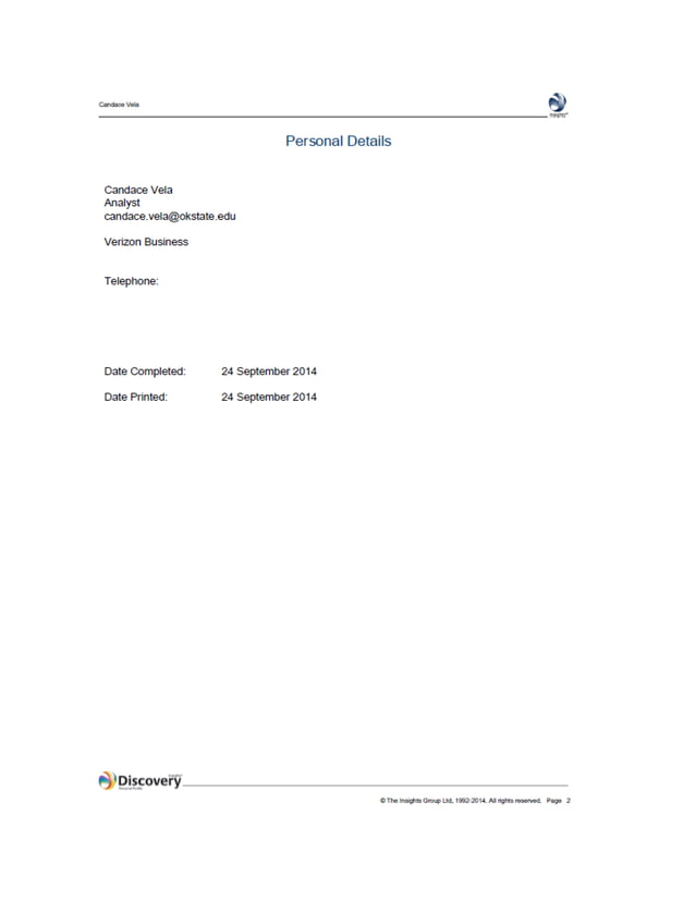 Discovery Insights Personal Profile- Candace Vela | PDF