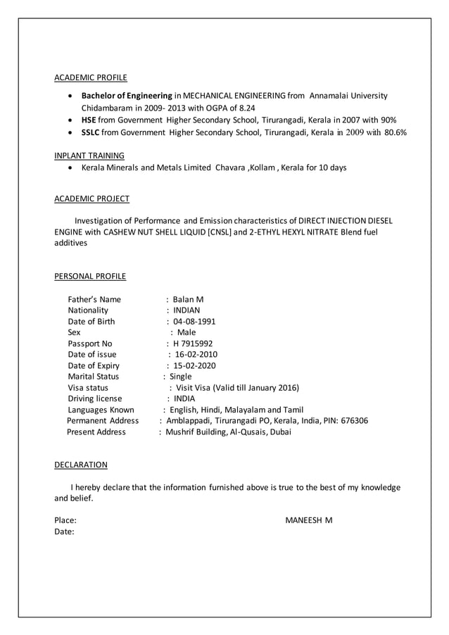 MANEESH M CV 1 | PDF