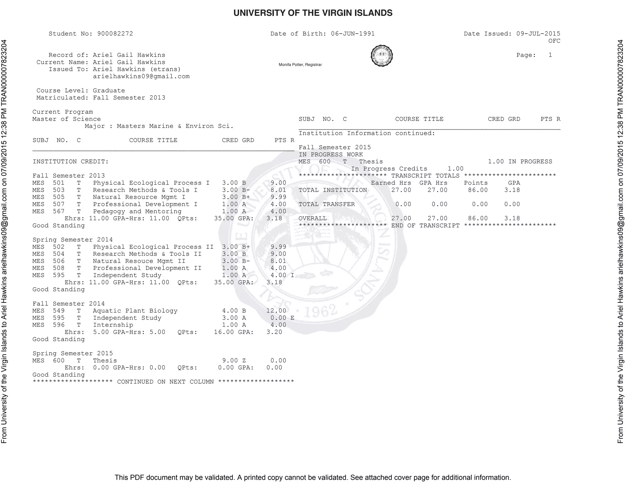 Hawkins_UVI official transcript | PDF | Undergraduate Education ...