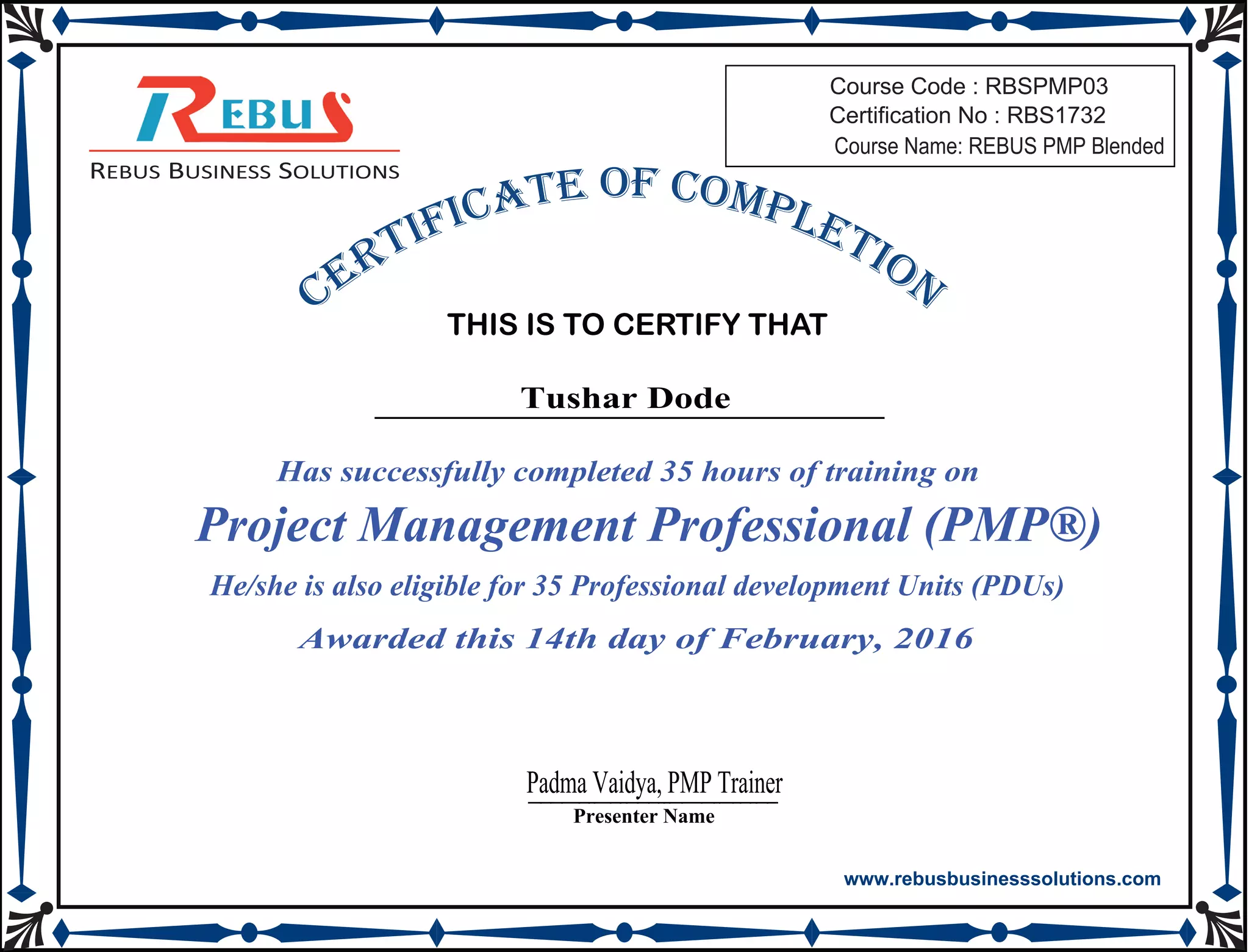 PMP Participation Certificate # RBS1732 | PPT