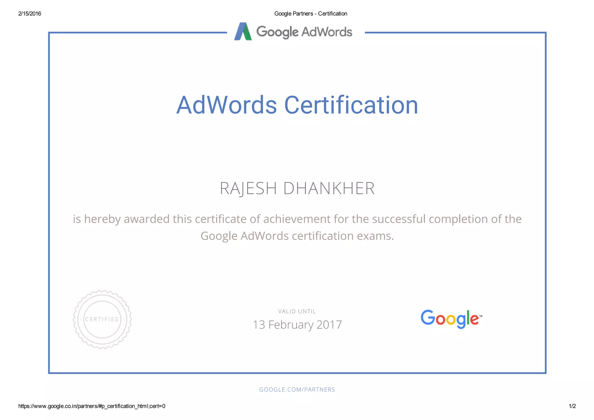 Rajesh Certificiate | PDF