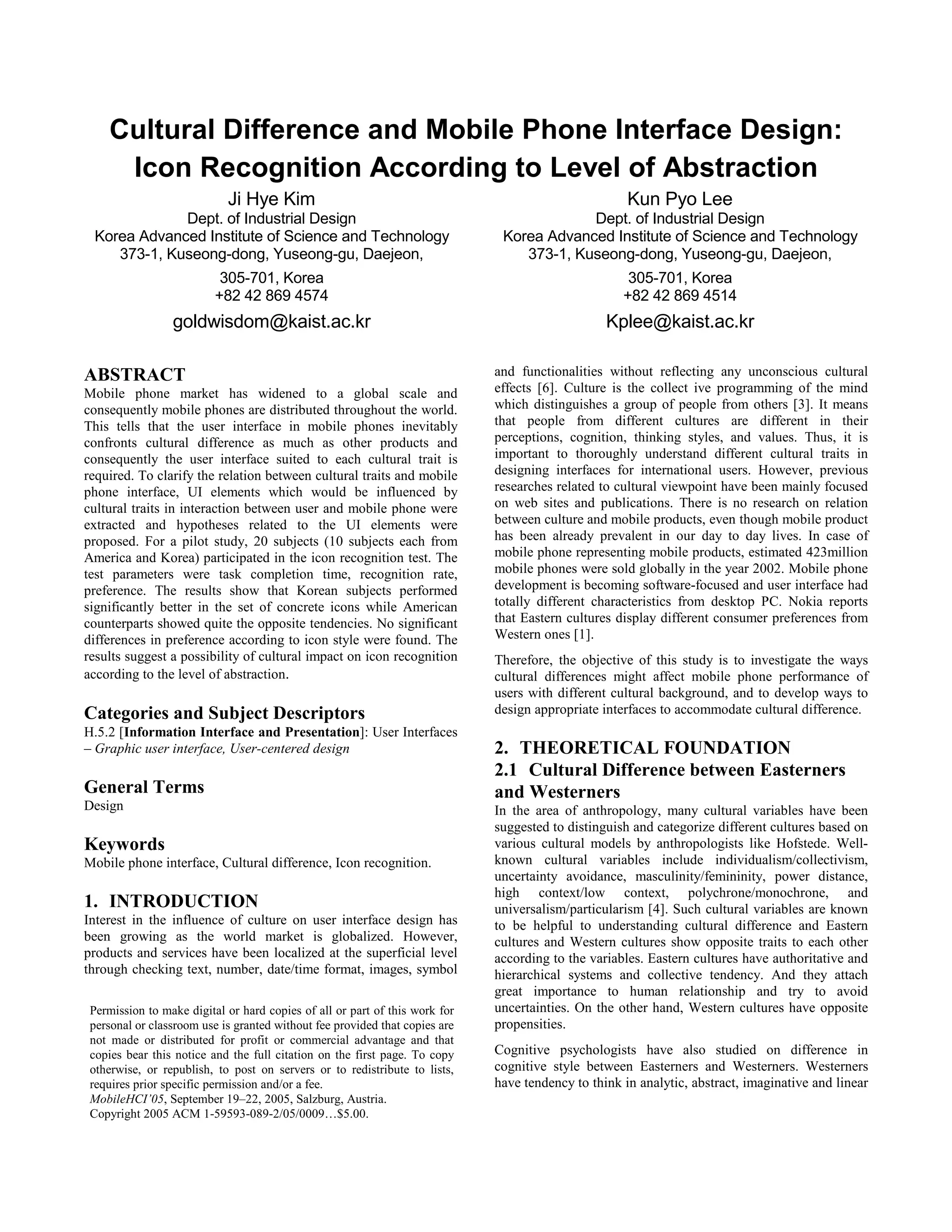 Cultural Difference and Mobile Phone Interface Design: Icon Recognition According to Level of ...