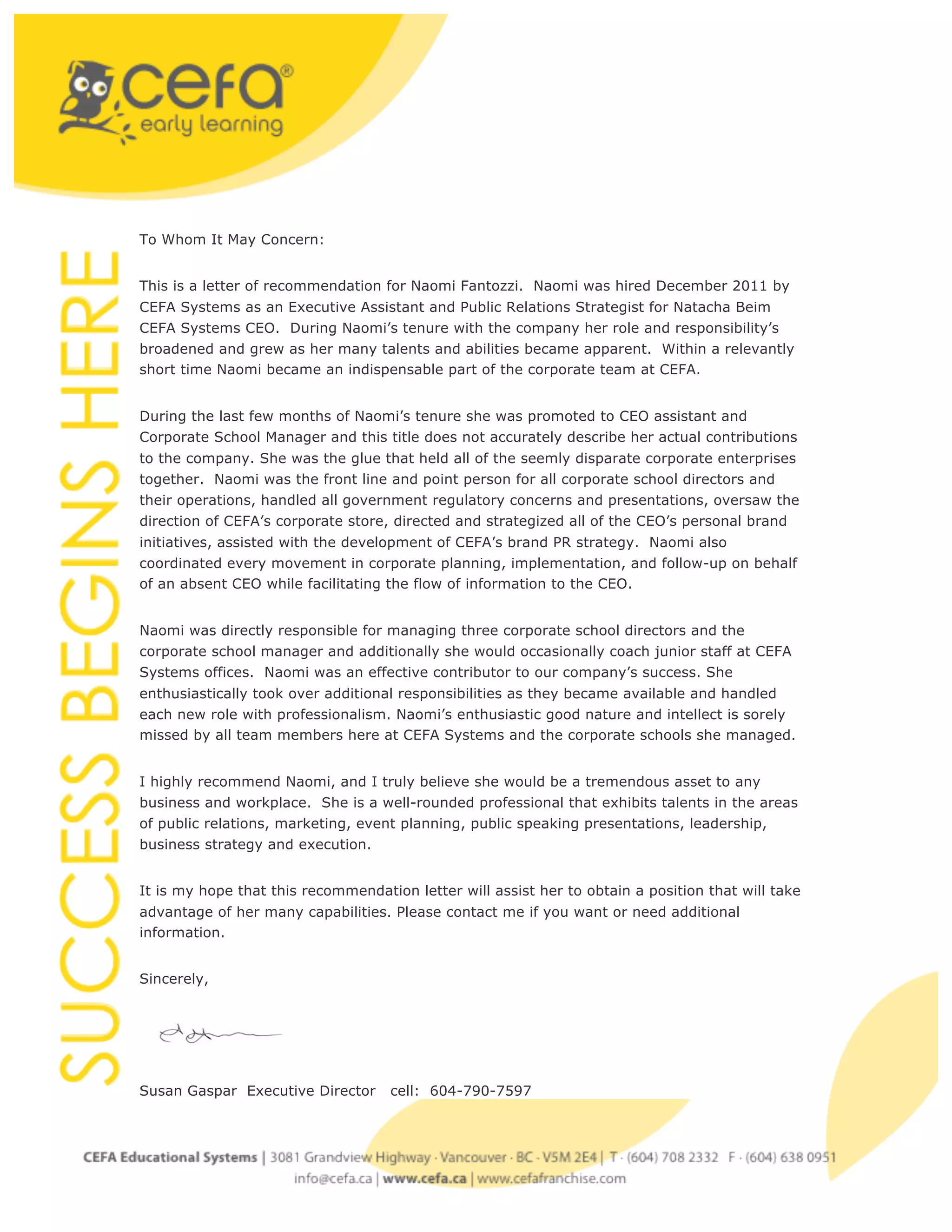 Naomi Fantozzi CEFA Reference | PDF