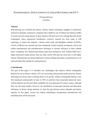 Nanomaterial Applications in Lithium Batteries - Christian DiCenso | PDF