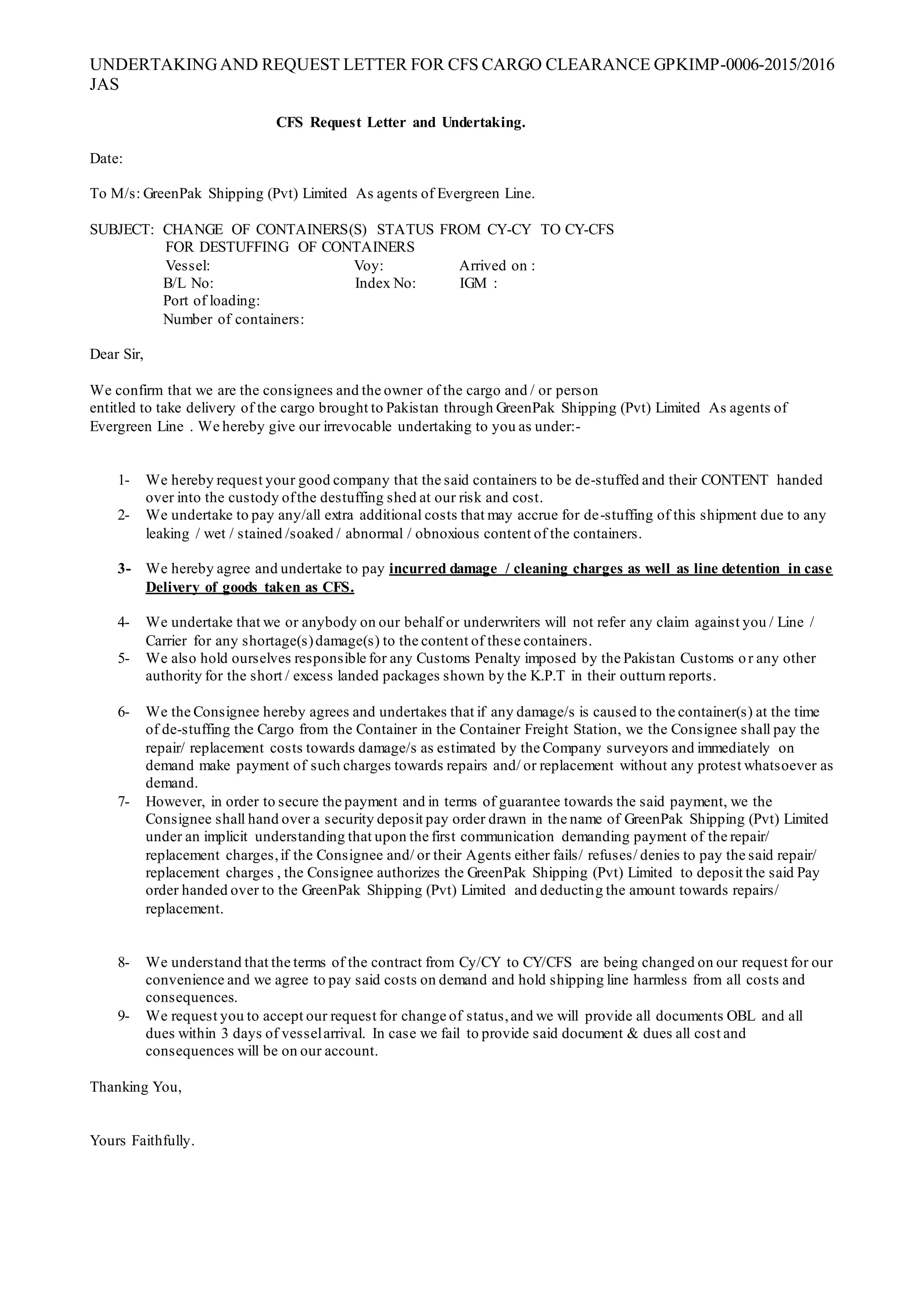 6... UNDERTAKING AND REQUEST LETTER FOR CFS CARGO CLEARANCE GPKIMP-0006 ...