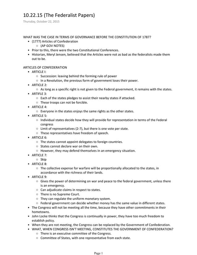 Intro to Politics- Notes 10.22.15 (The Federalist Papers) | PDF | Civic ...