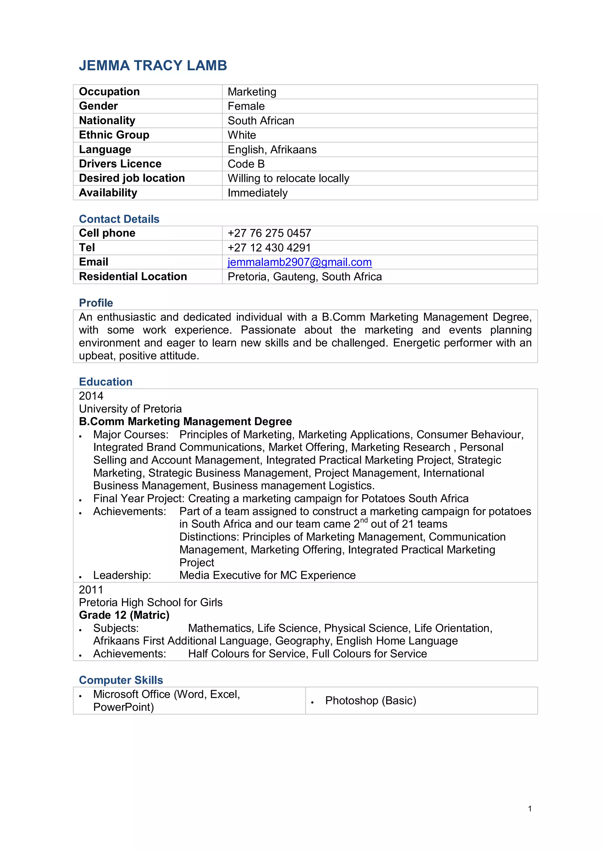Jemma Tracy Lamb CV. | PDF