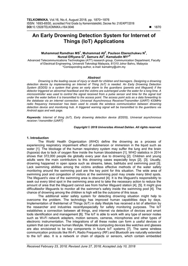 An Early Drowning Detection System for Internet of Things (IoT) Applications | PDF