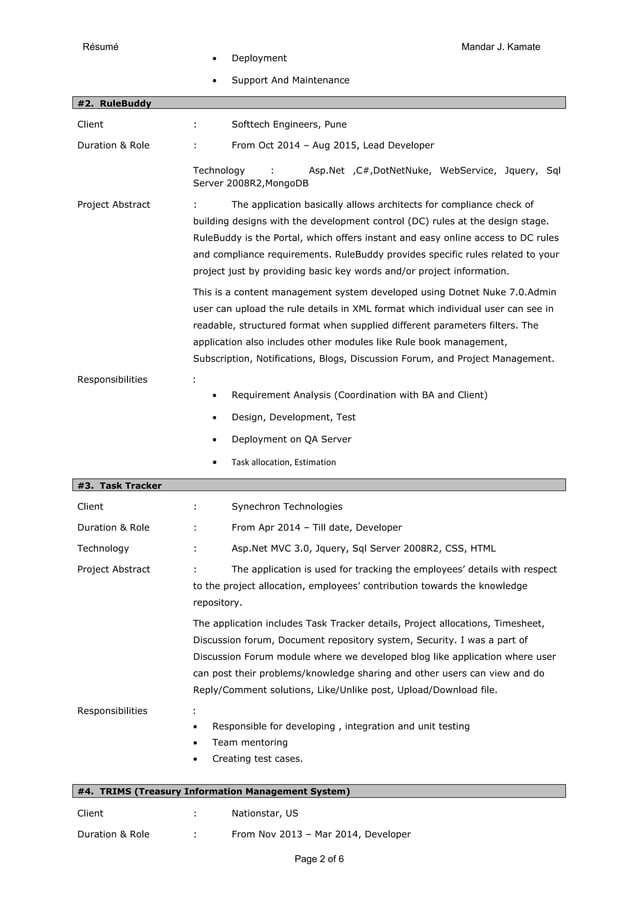 Mandar_Kamate_Resume _DotNet | DOC | Web Development | Internet