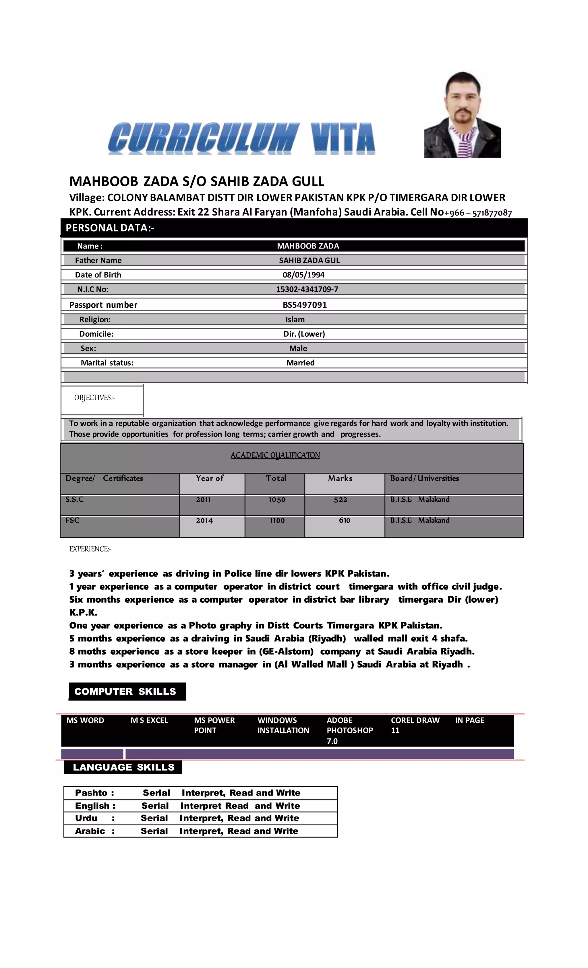 CURRICULUM VITAE Mehboob Zada | PDF
