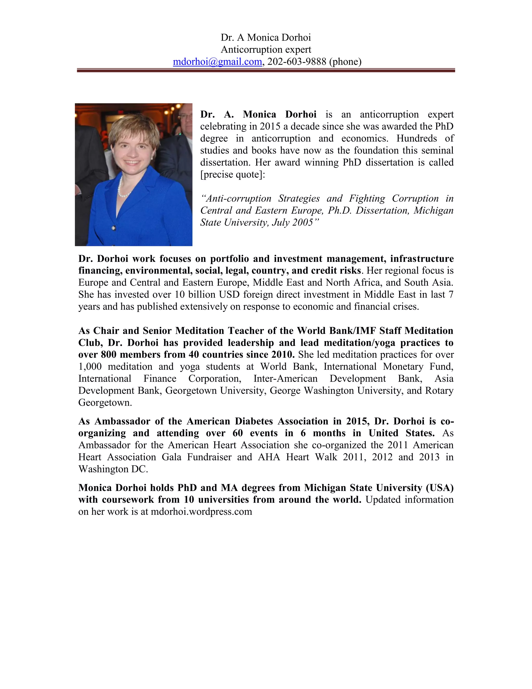 Monica Dorhoi's Bio anticorruption September 11 | PDF
