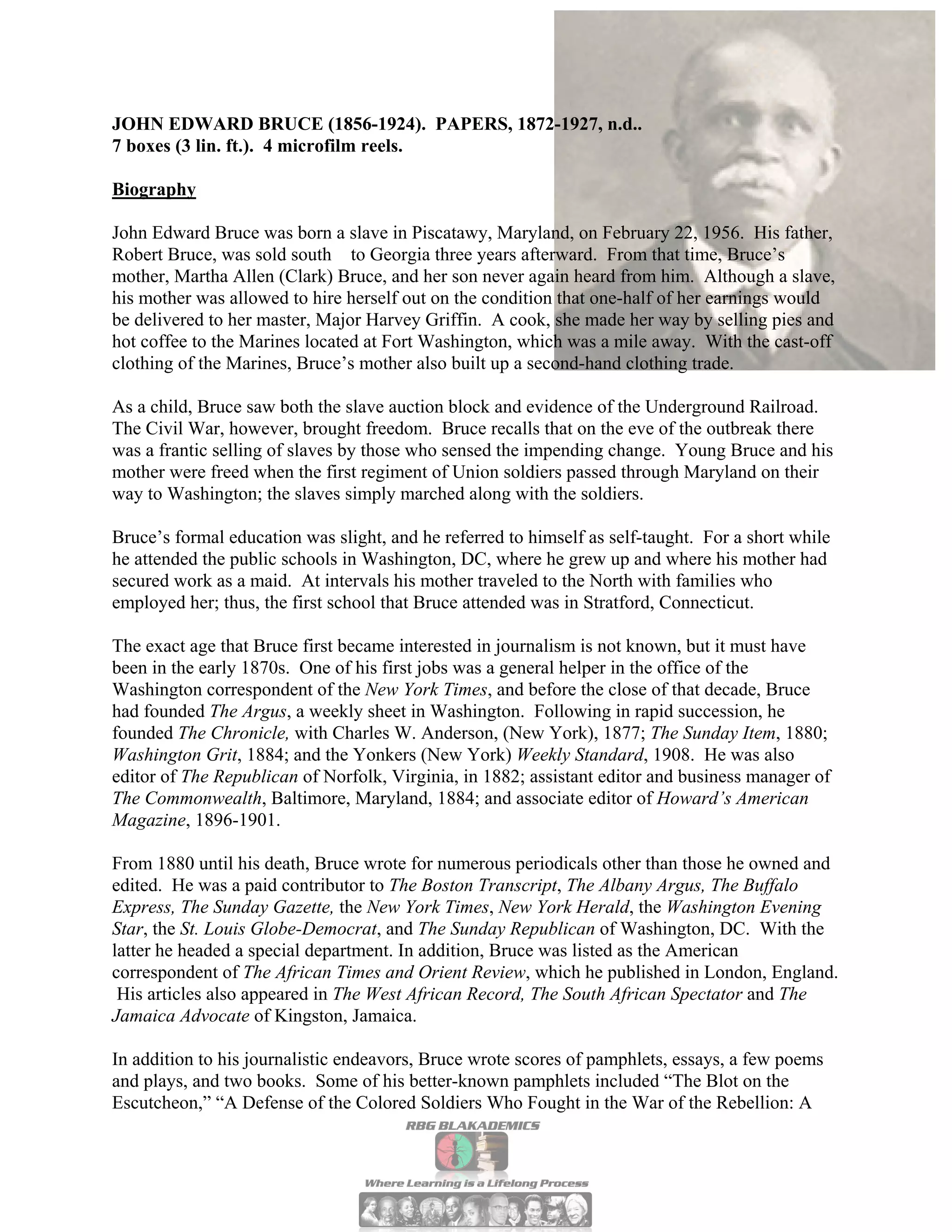 John Edward Bruce, 1856-1924-A Brief Biography | PDF