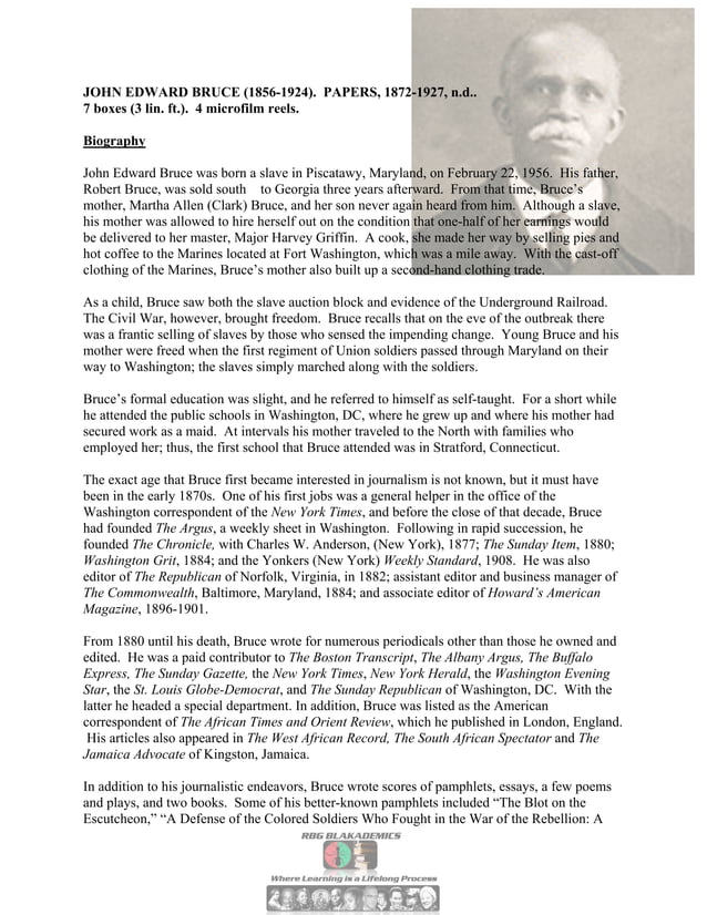John Edward Bruce, 1856-1924-A Brief Biography | PDF