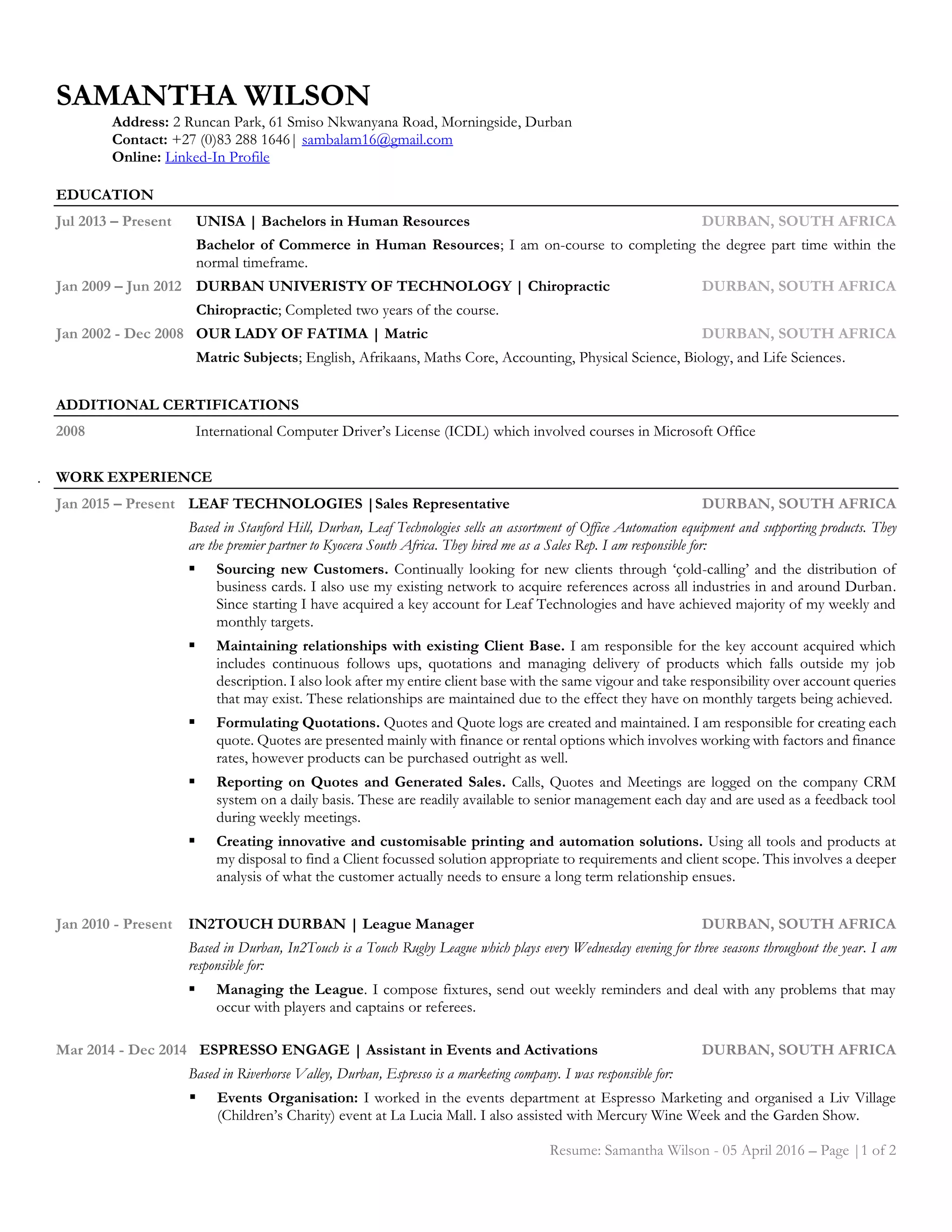 Samantha Wilson CV 2016 | PDF