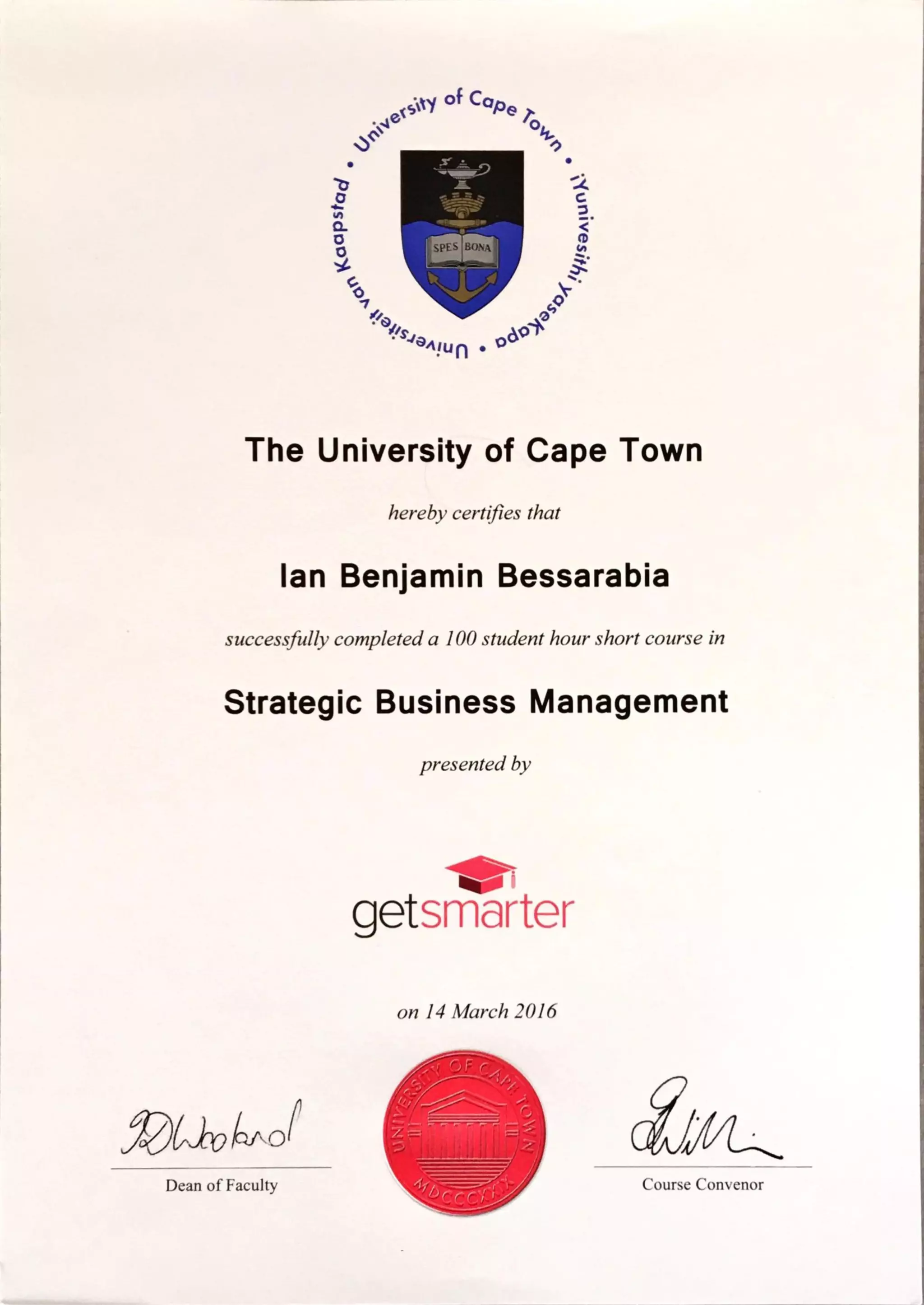 UCT Certificate Ian Bessarabia | PDF