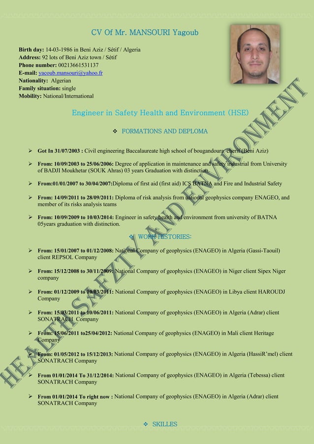 MANSOURI YAGOUB's CV Engineer HSE | PDF