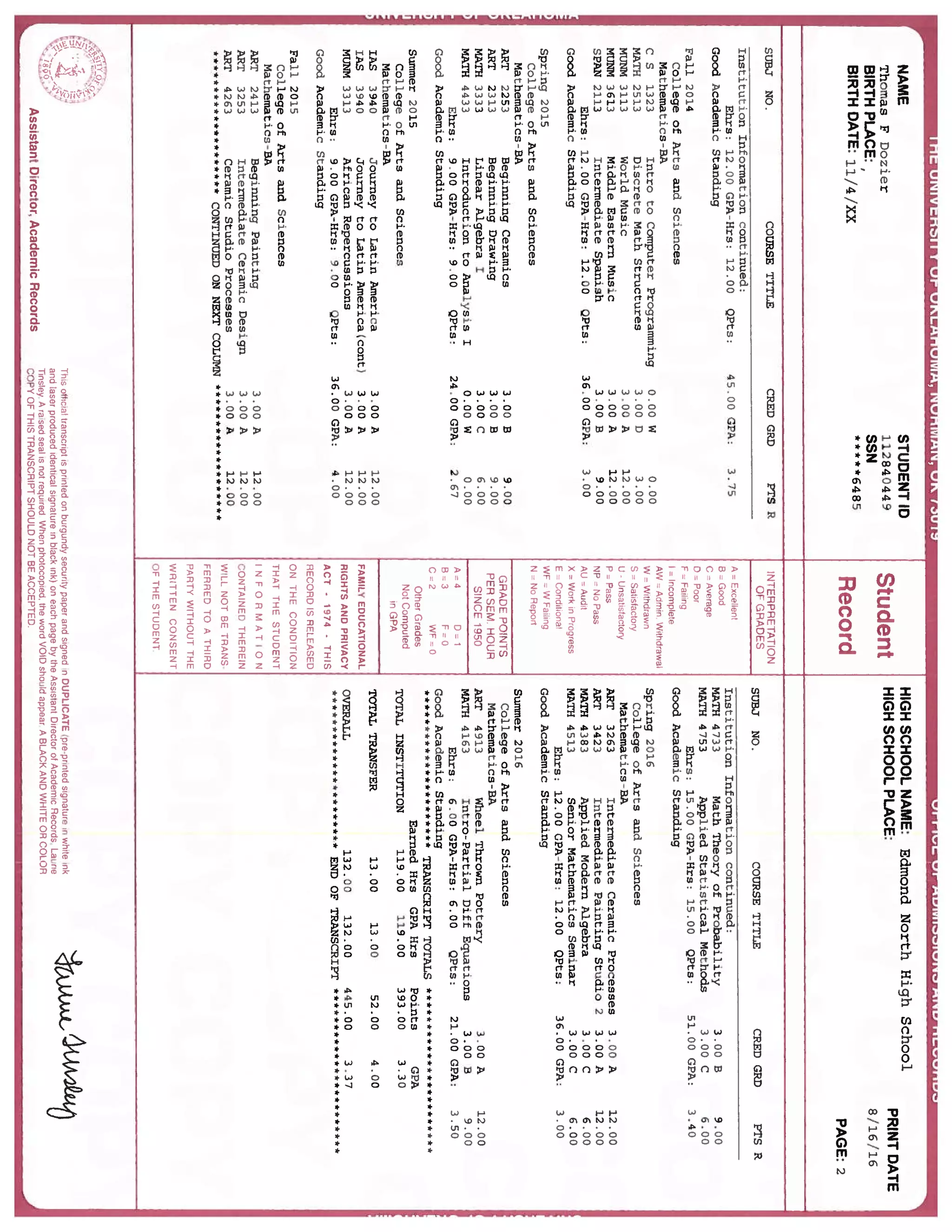 NewScan - OU Transcripts.PDF | Undergraduate Education | College Education