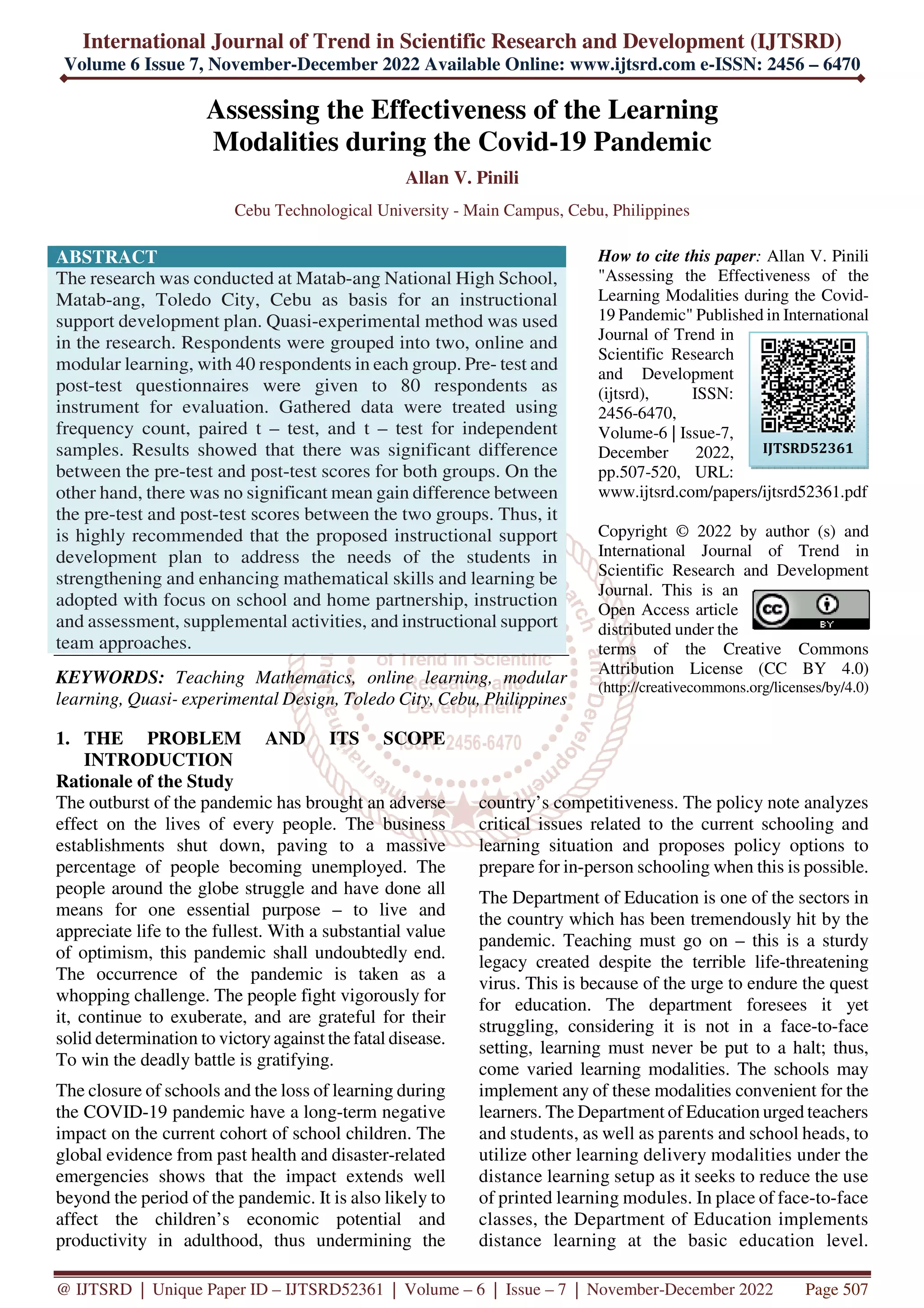 Assessing the Effectiveness of the Learning Modalities during the Covid ...