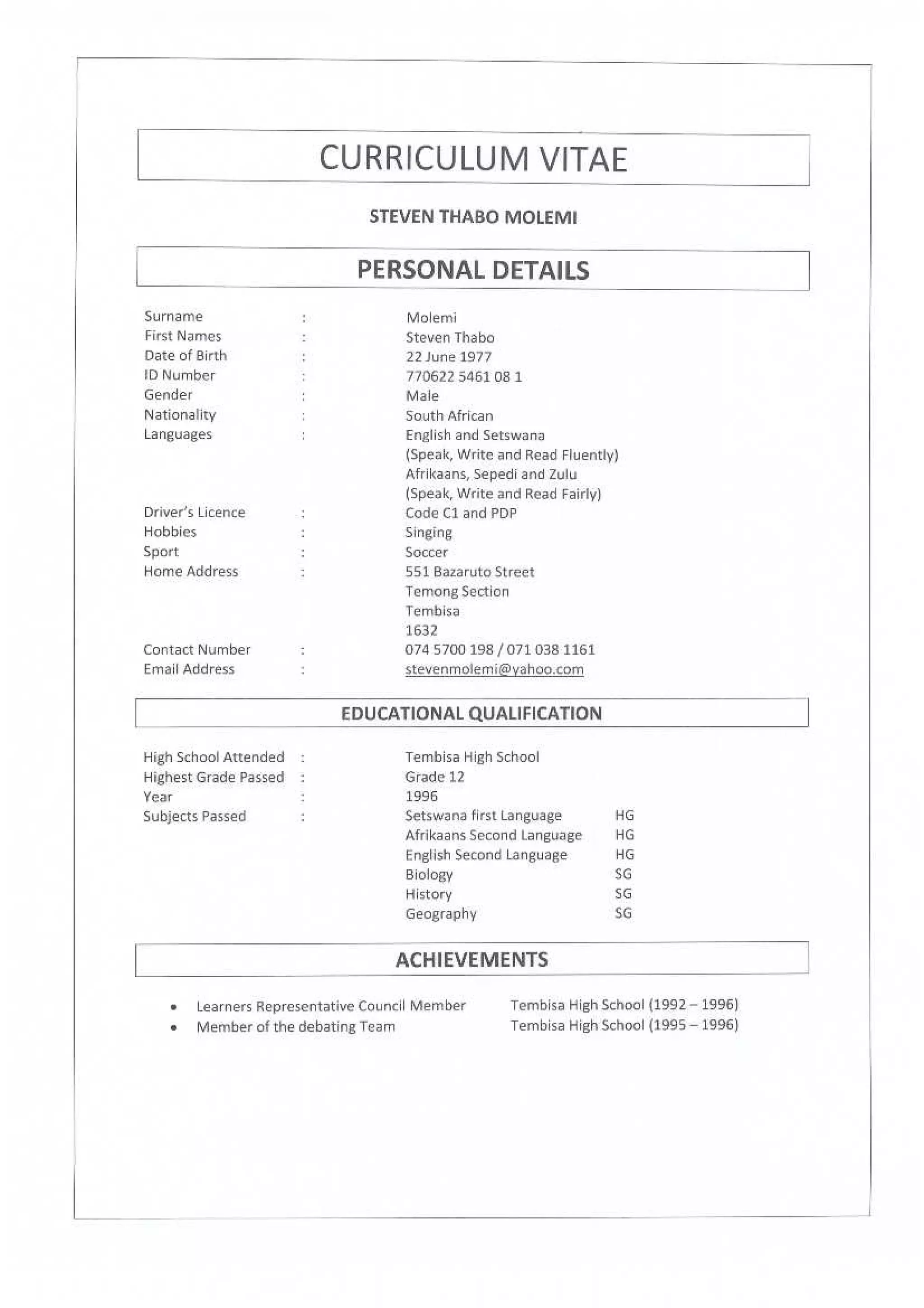 Steven Thabo Molemi CV | PDF