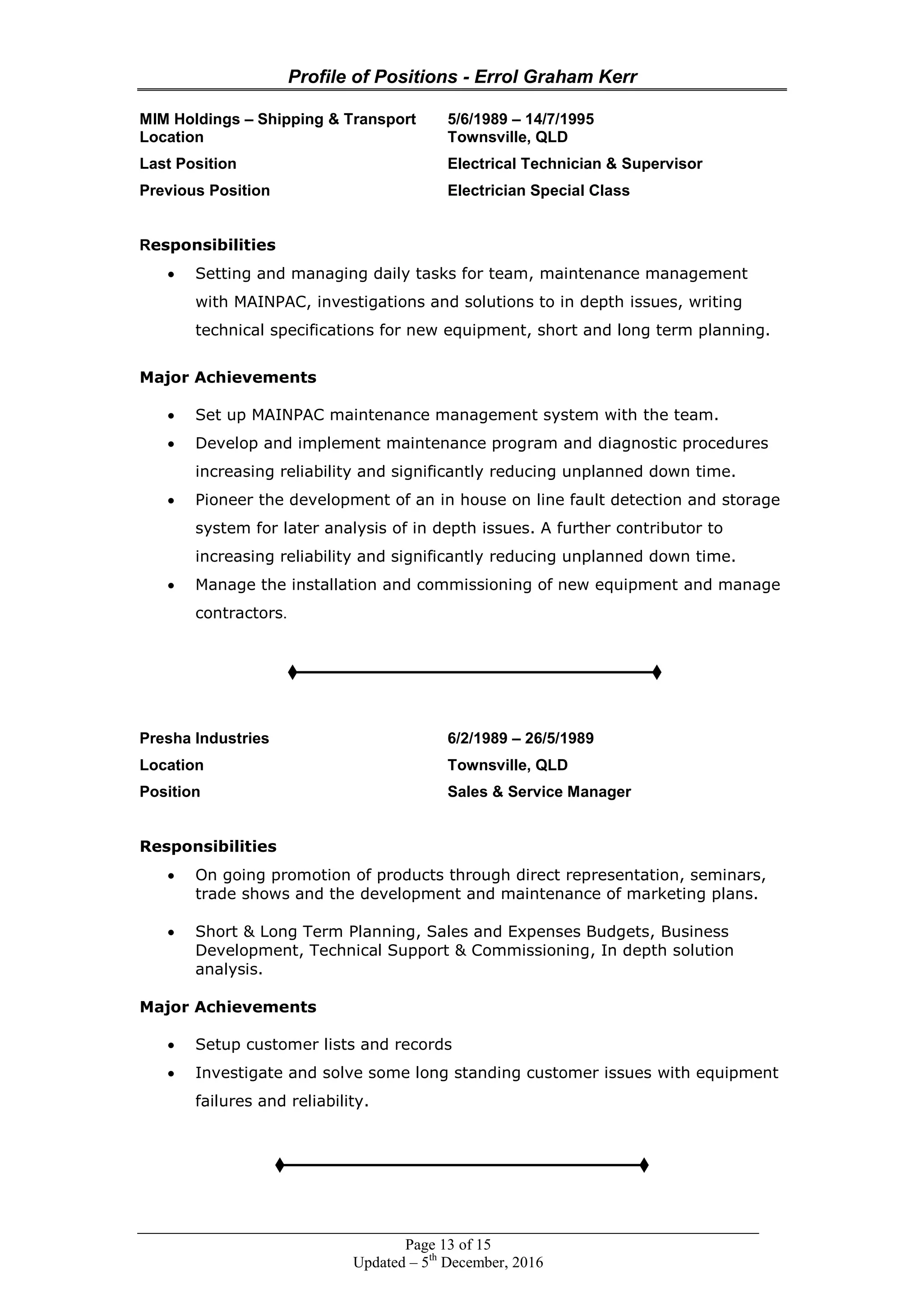 Resume of Errol Graham Kerr (5-12-2016) | PDF