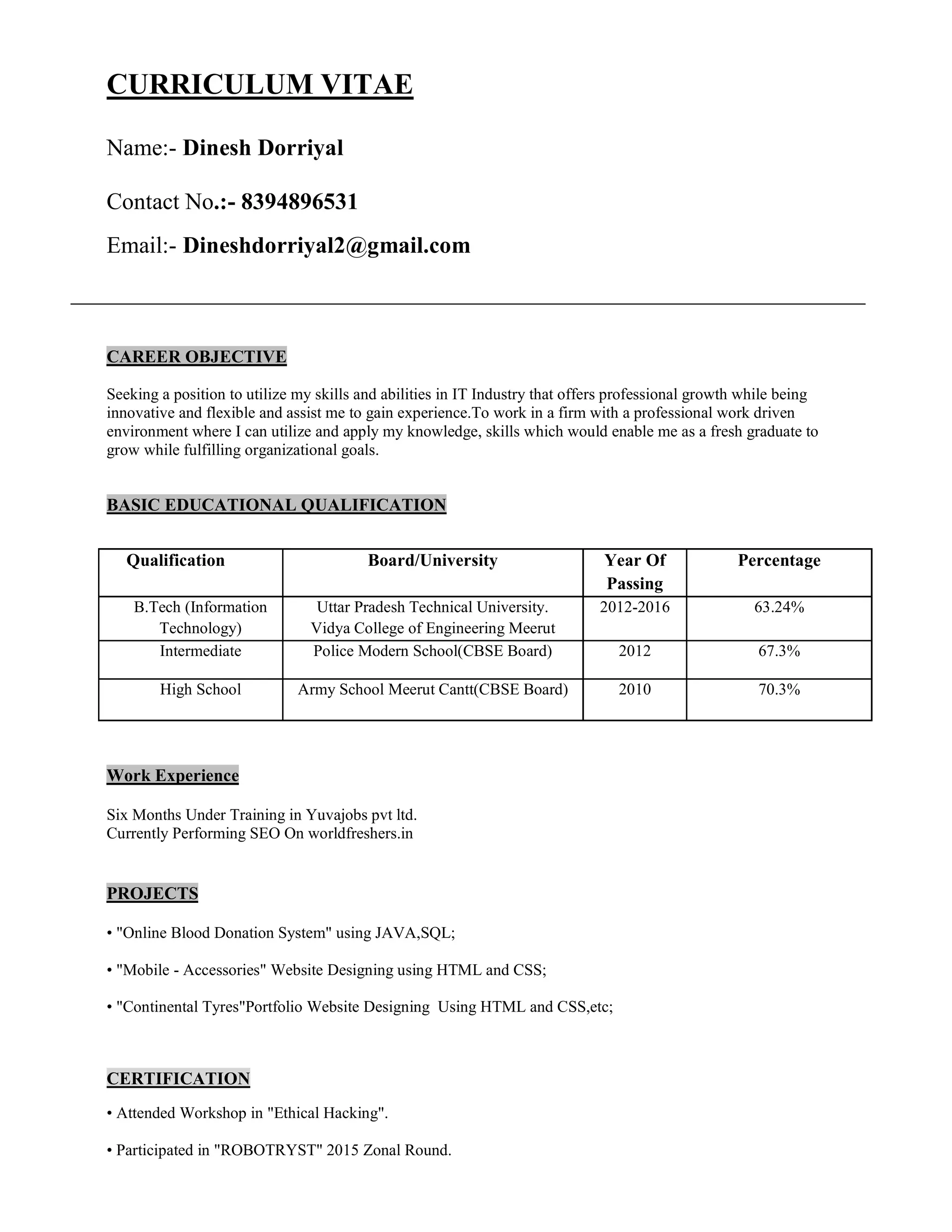 Dinesh Dorriyal CV | PDF