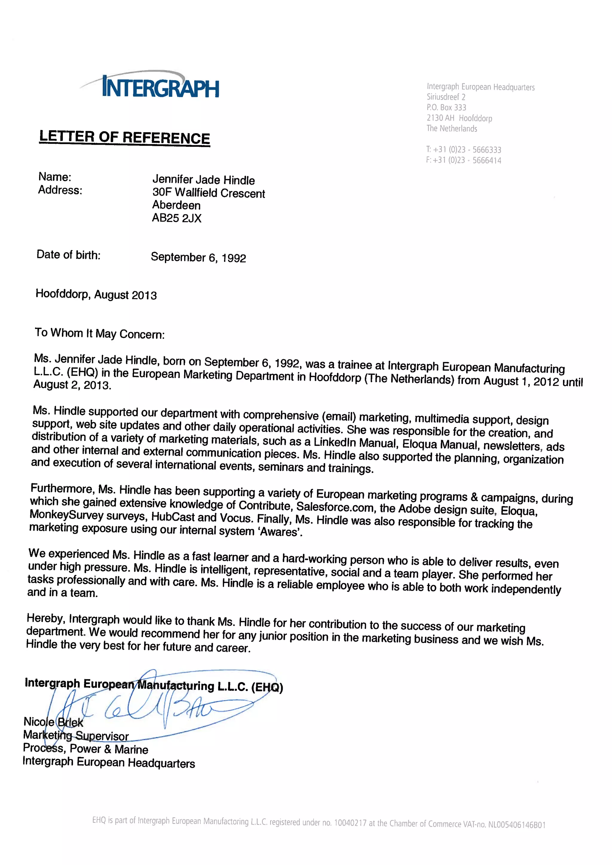Intergraph Reference Letter - Jennifer Hindle | PDF
