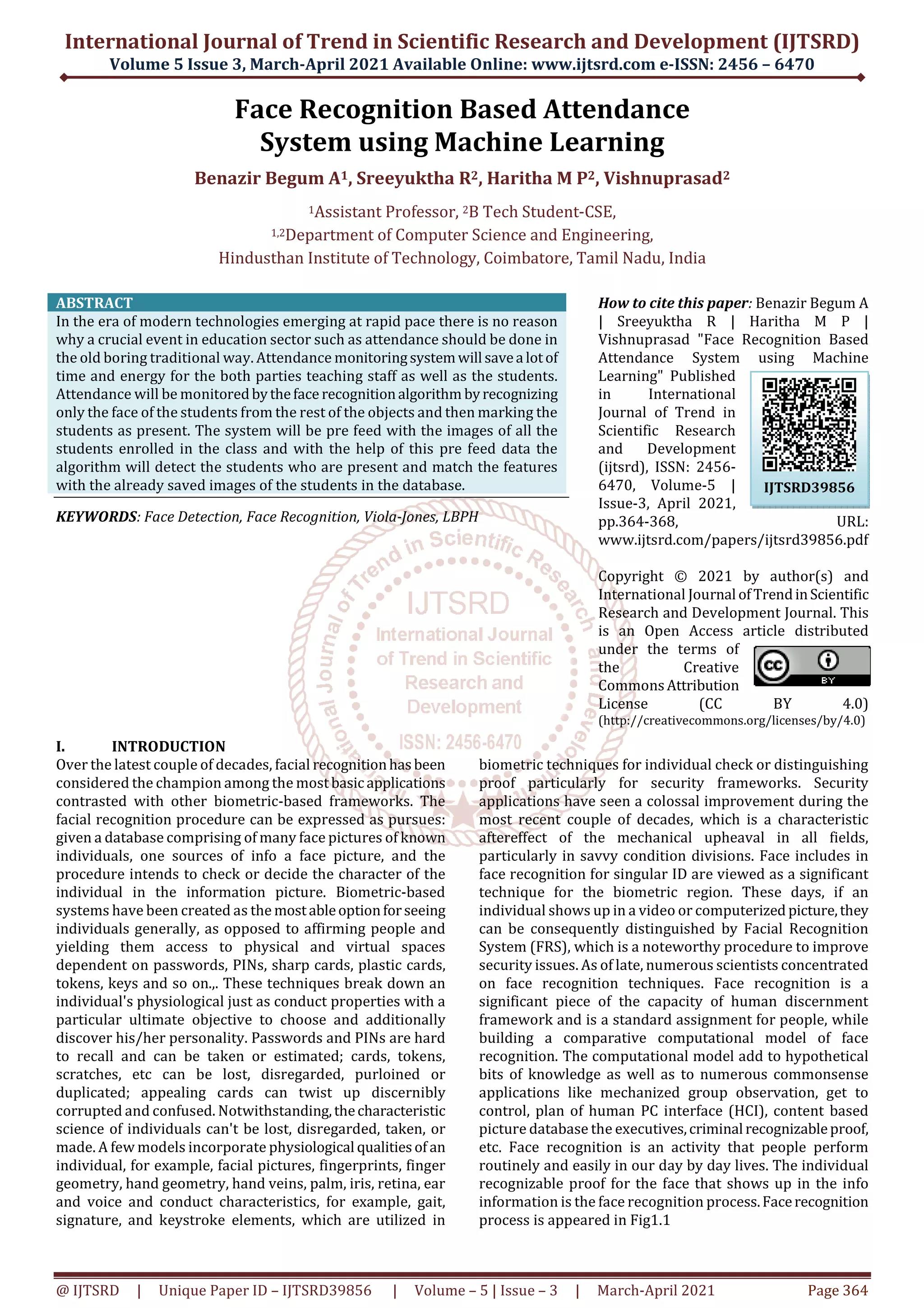 Face Recognition Based Attendance System Using Machine Learning Pdf