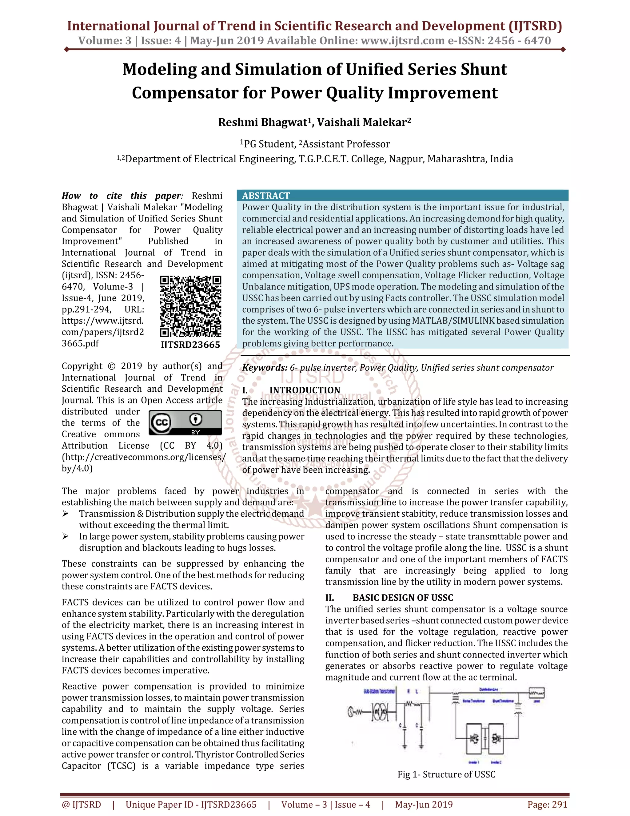Modeling and Simulation of Unified Series Shunt Compensator for Power Quality Improvement | PDF