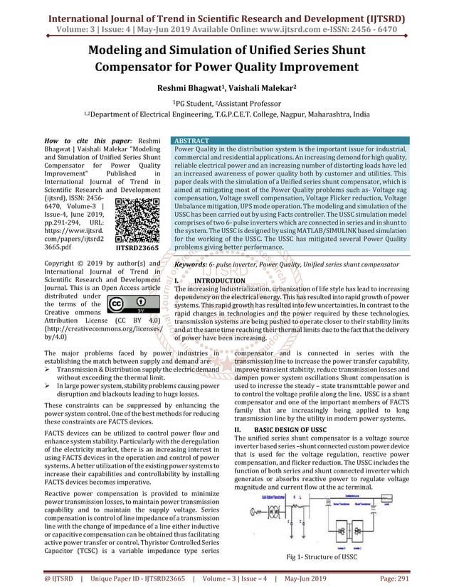 Modeling and Simulation of Unified Series Shunt Compensator for Power Quality Improvement | PDF