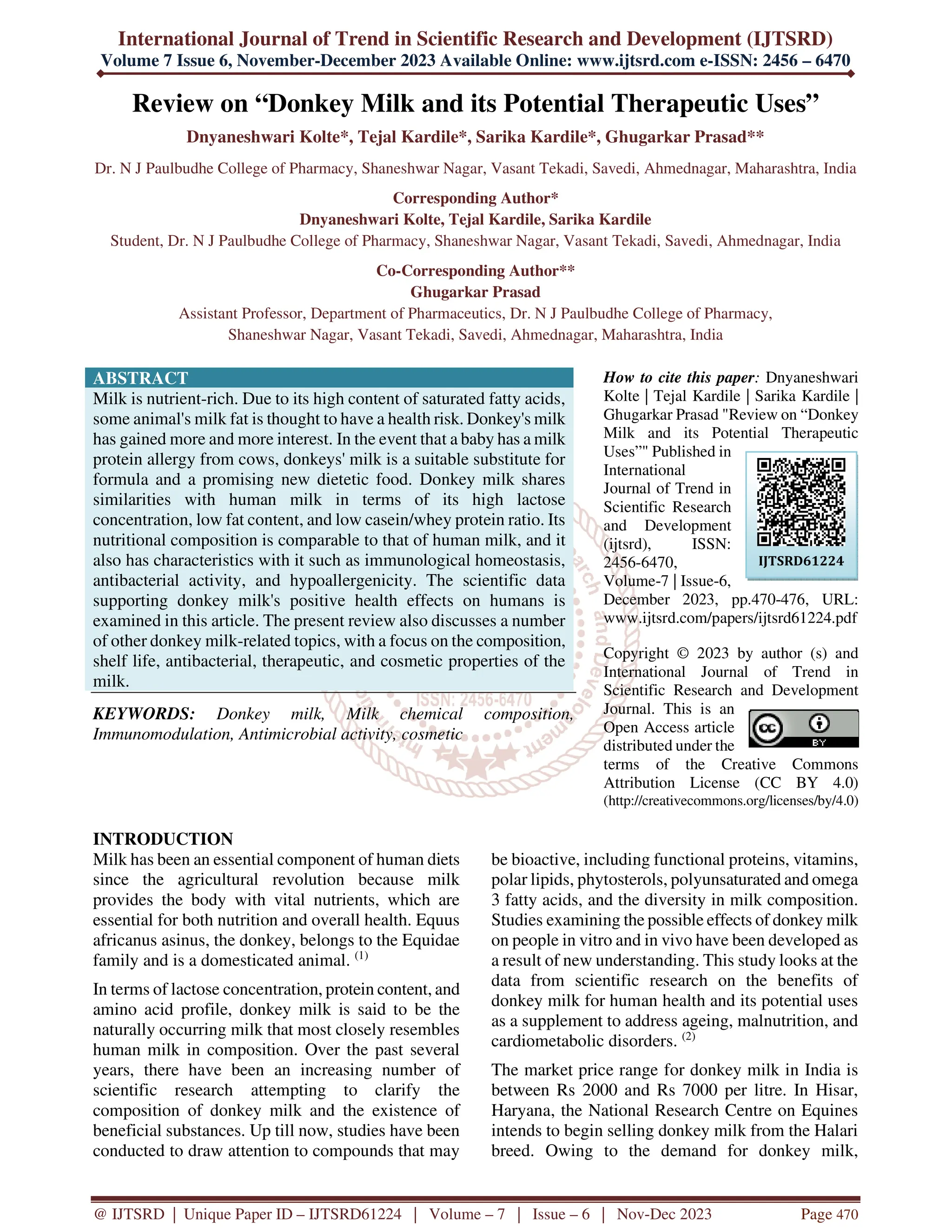 Review on “Donkey Milk and its Potential Therapeutic Uses” | PDF