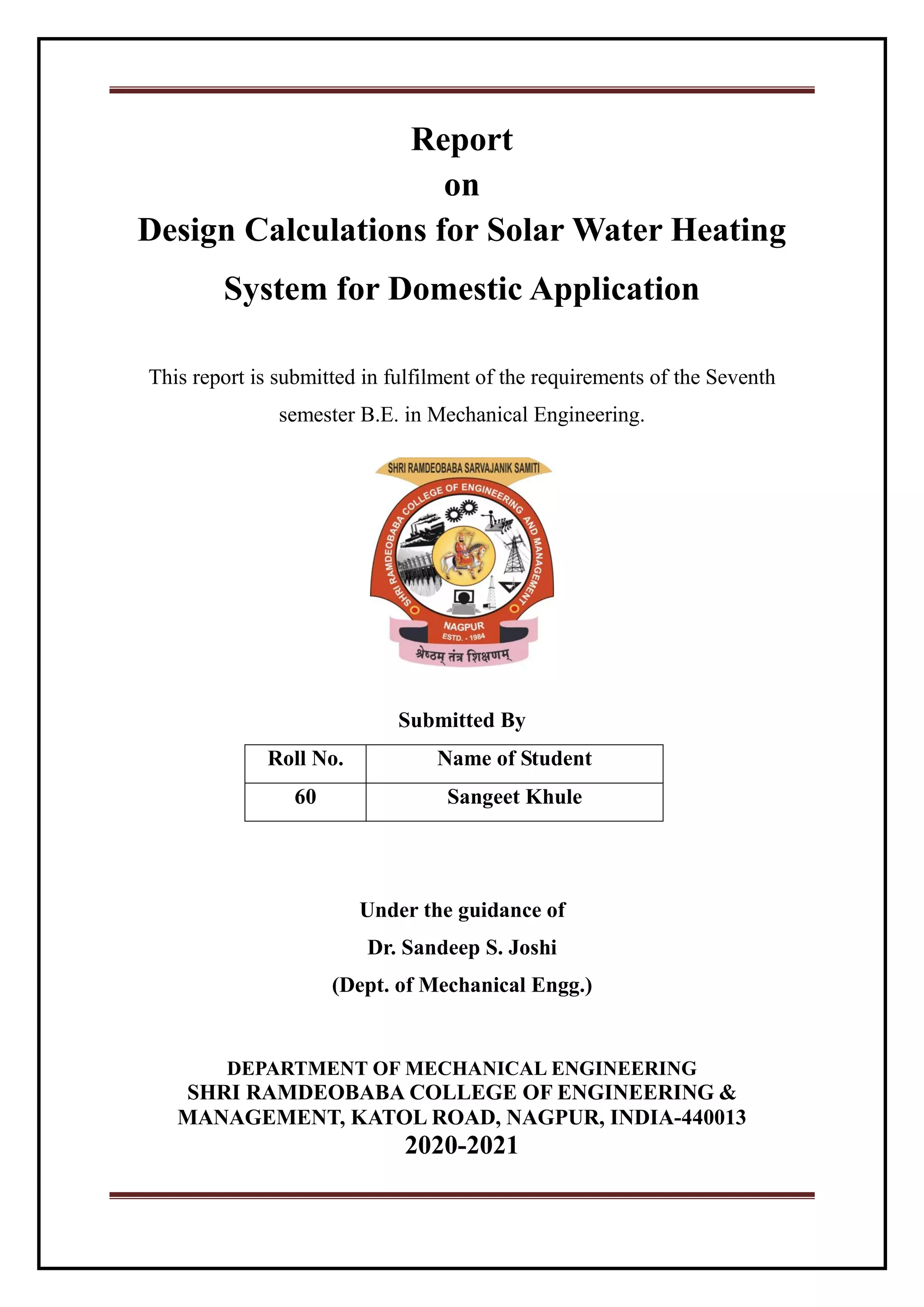 Design Calculations for Solar Water Heating System | PDF