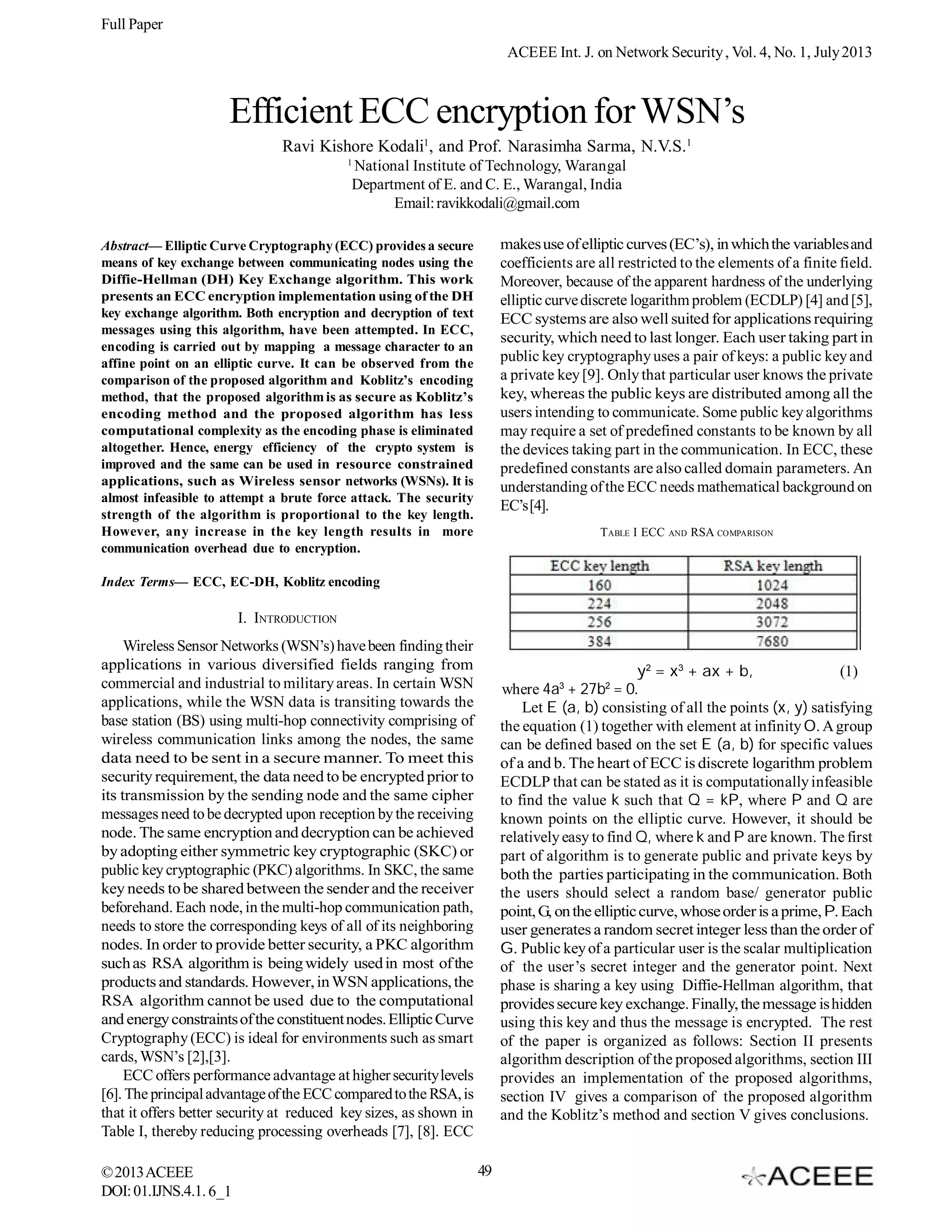 Efficient ECC encryption for WSN’s | PDF