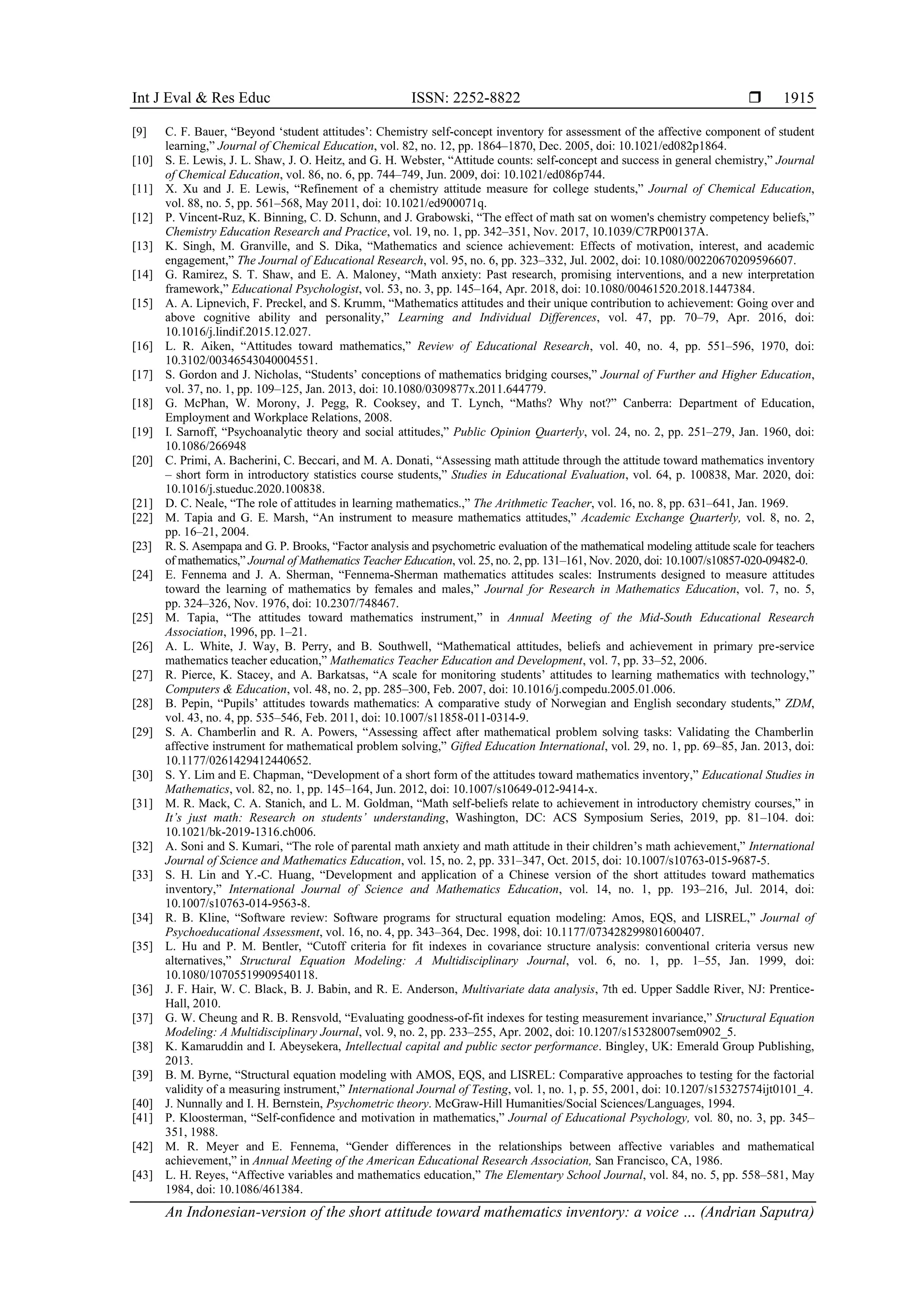 An Indonesian-version of the short attitude toward mathematics inventory: a voice from pre ...