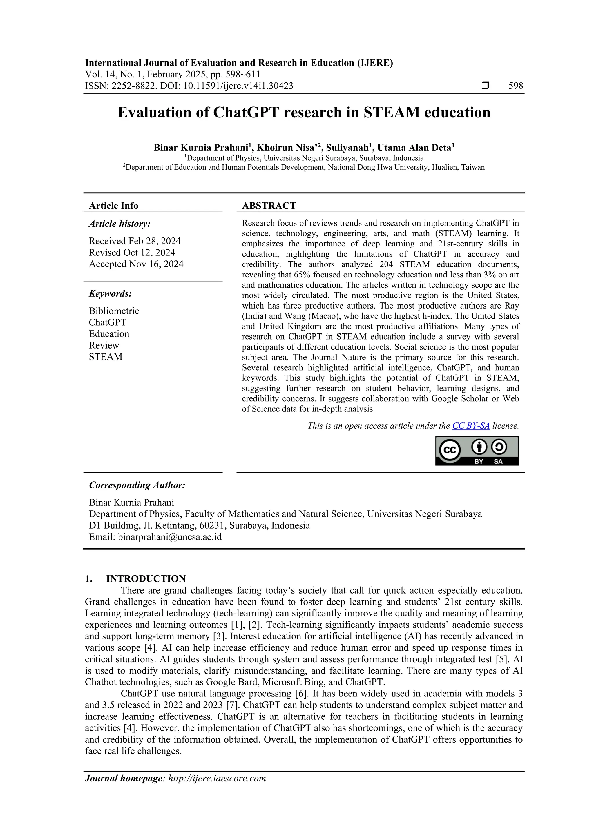 Evaluation of ChatGPT research in STEAM education | PDF