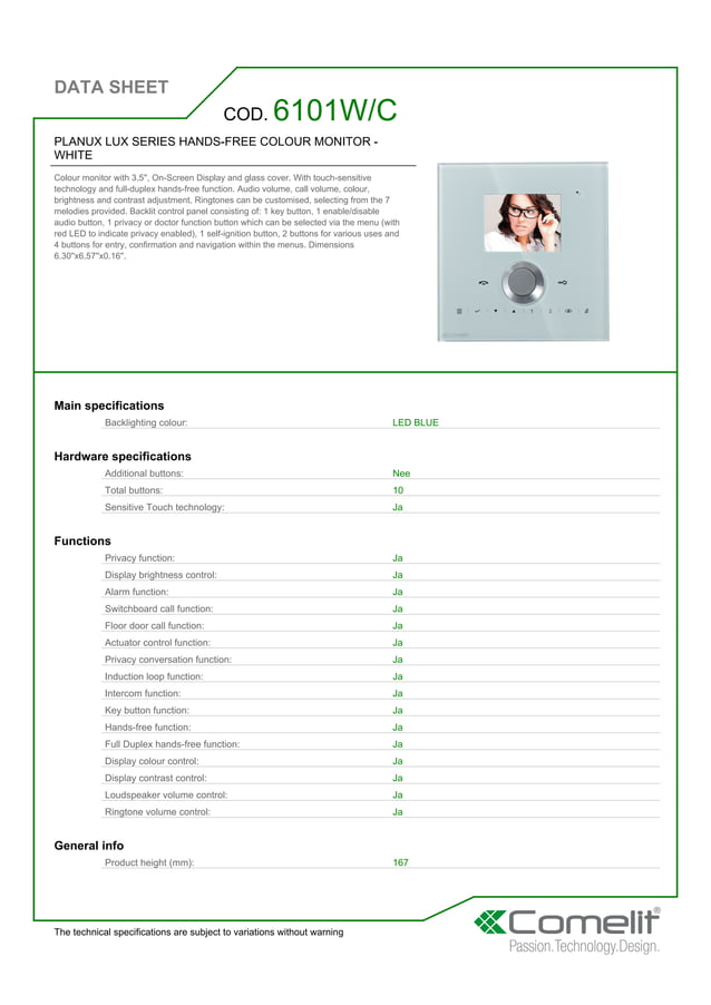 Comelit 6101WC Data Sheet | PDF