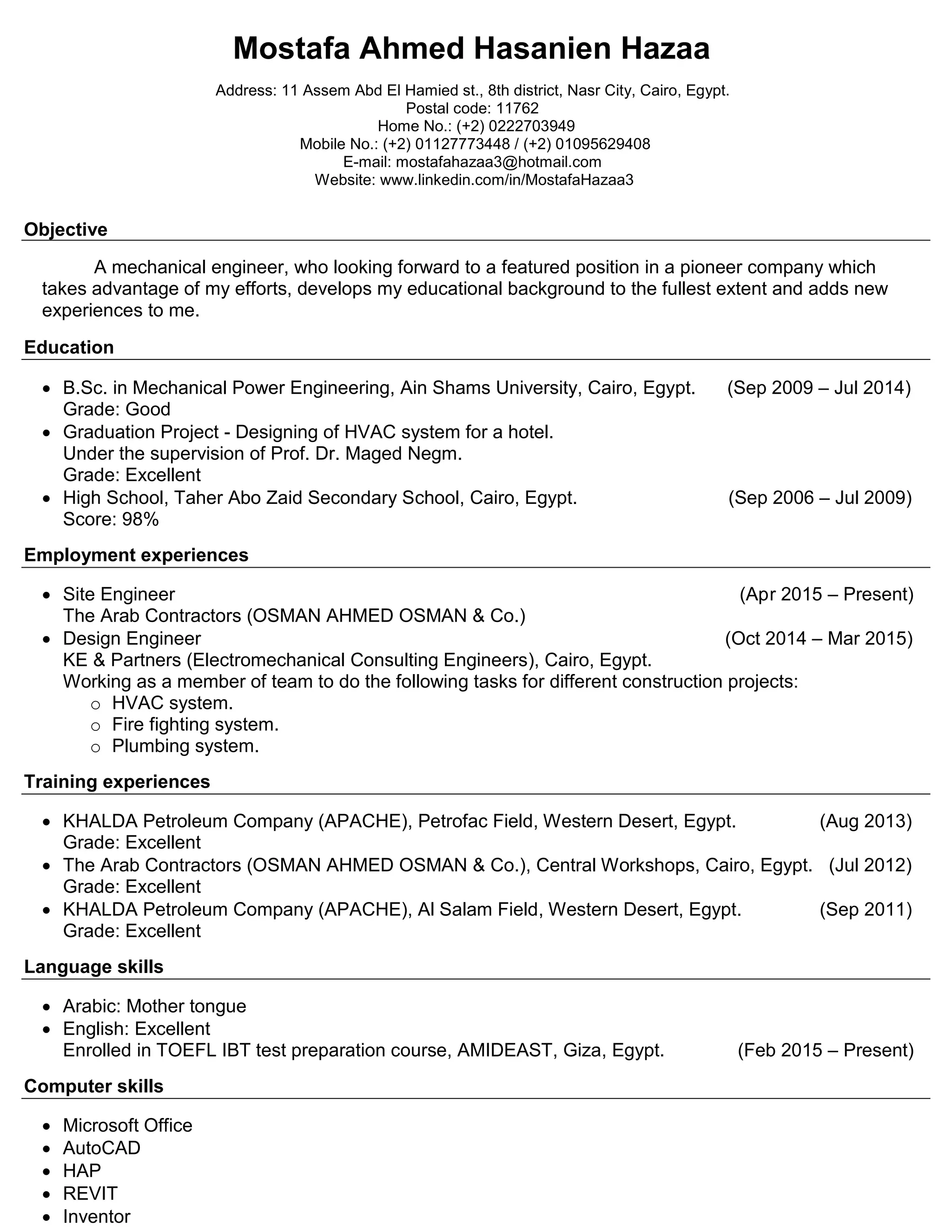 Mechanical Engineer - Mostafa Ahmed Hasanien Hazaa | PDF | Civil Engineering Industry | Industries