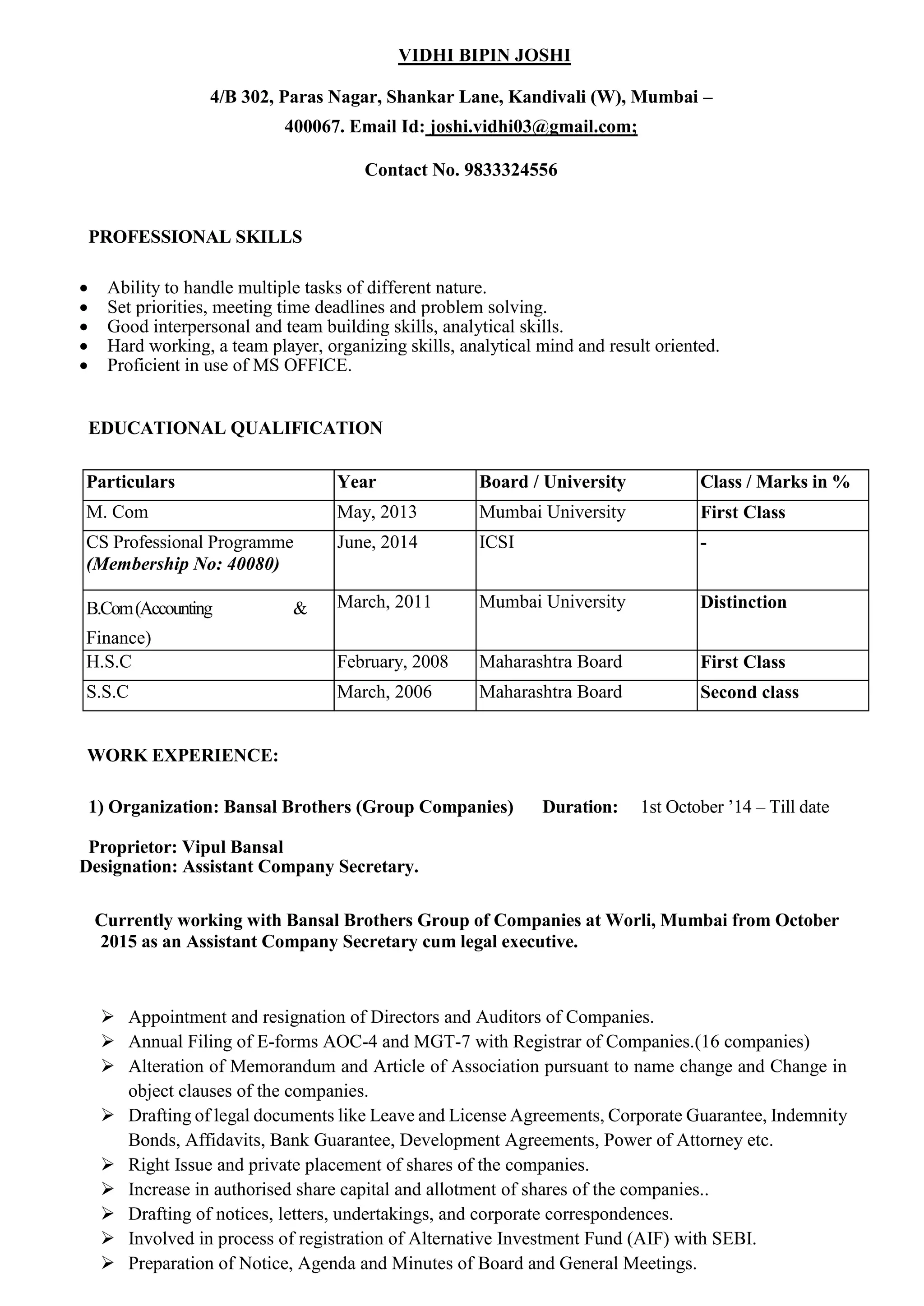 Vidhi Joshi Resume | PDF