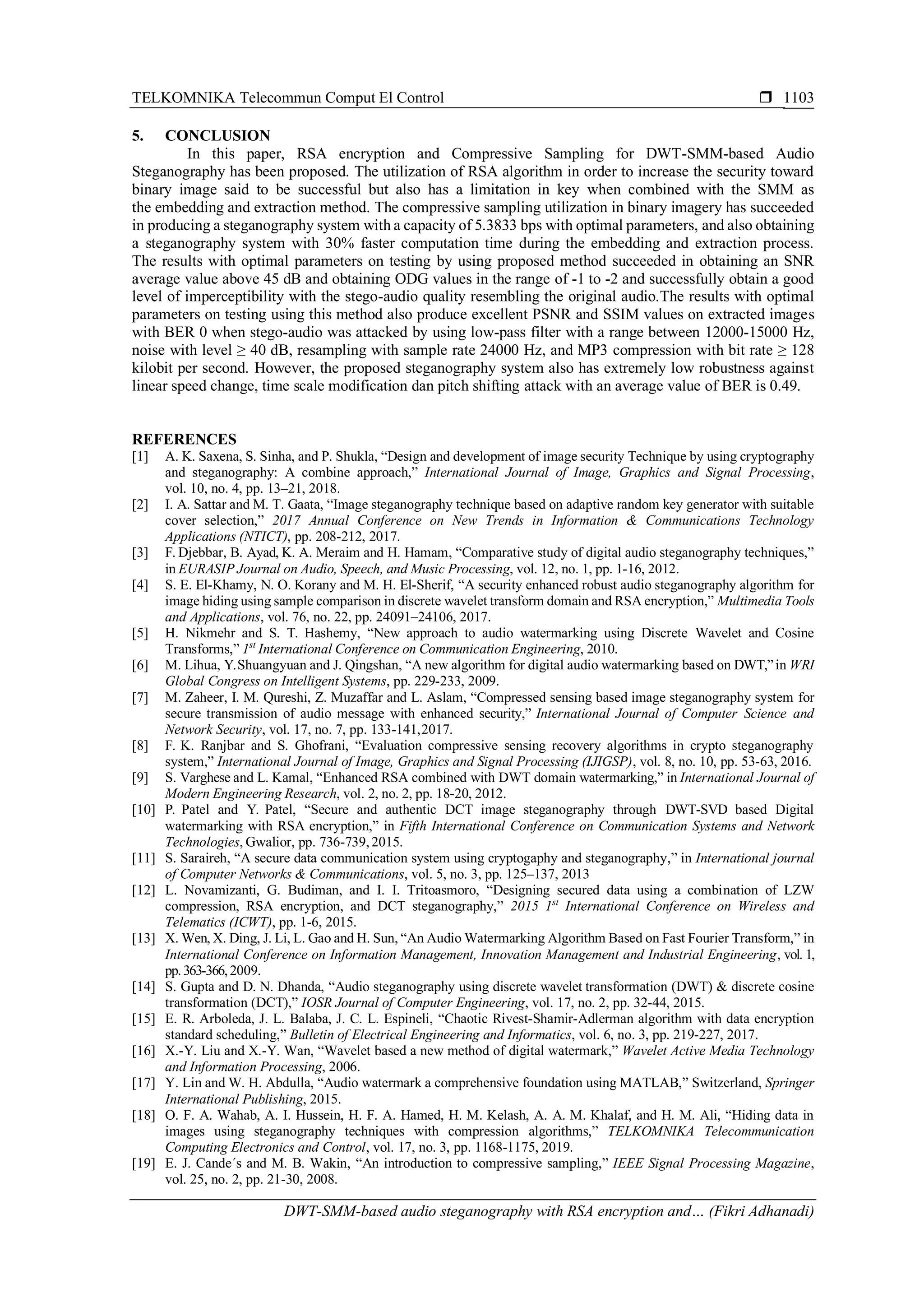 DWT-SMM-based audio steganography with RSA encryption and compressive sampling | PDF