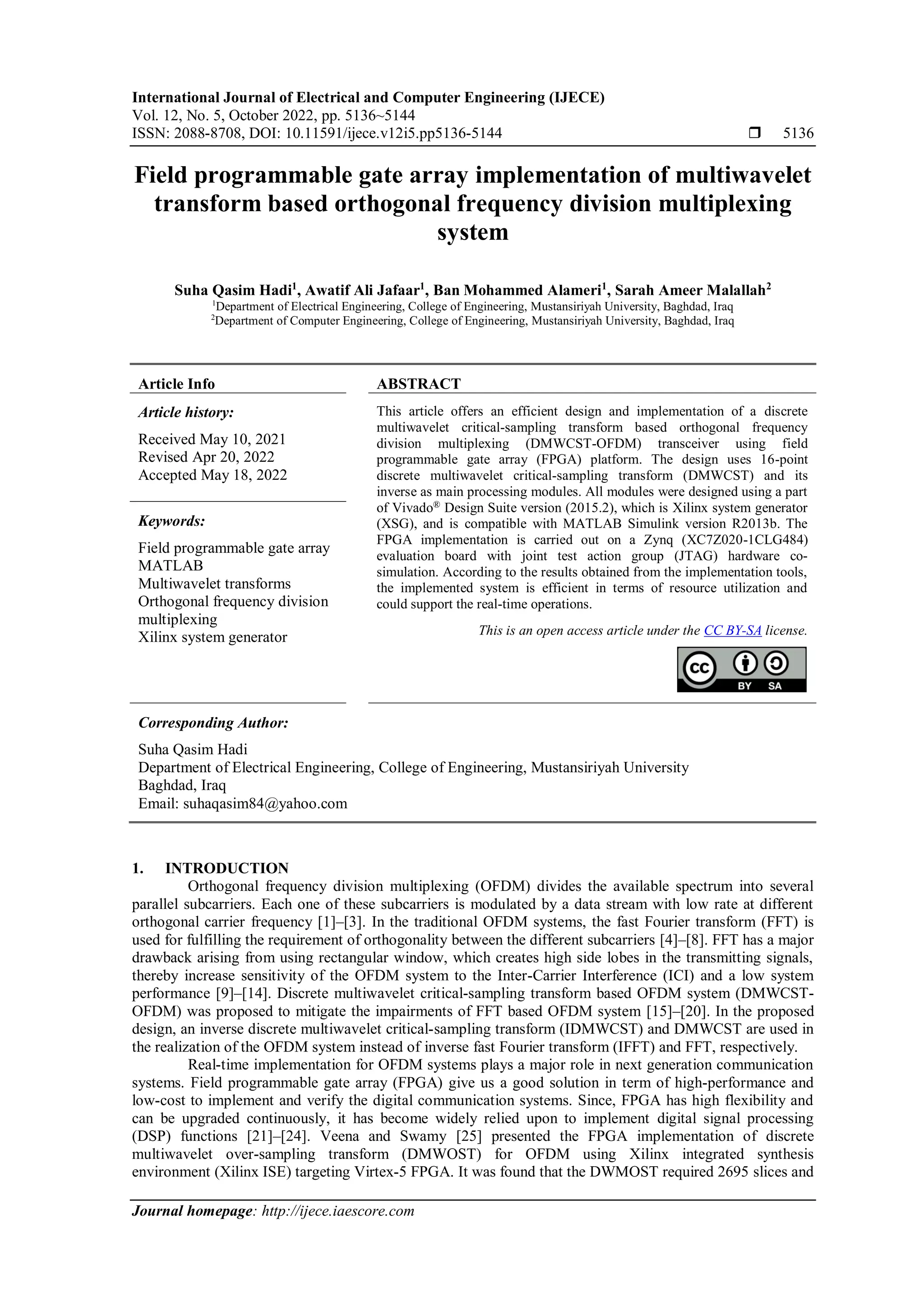Field programmable gate array implementation of multiwavelet transform based orthogonal ...