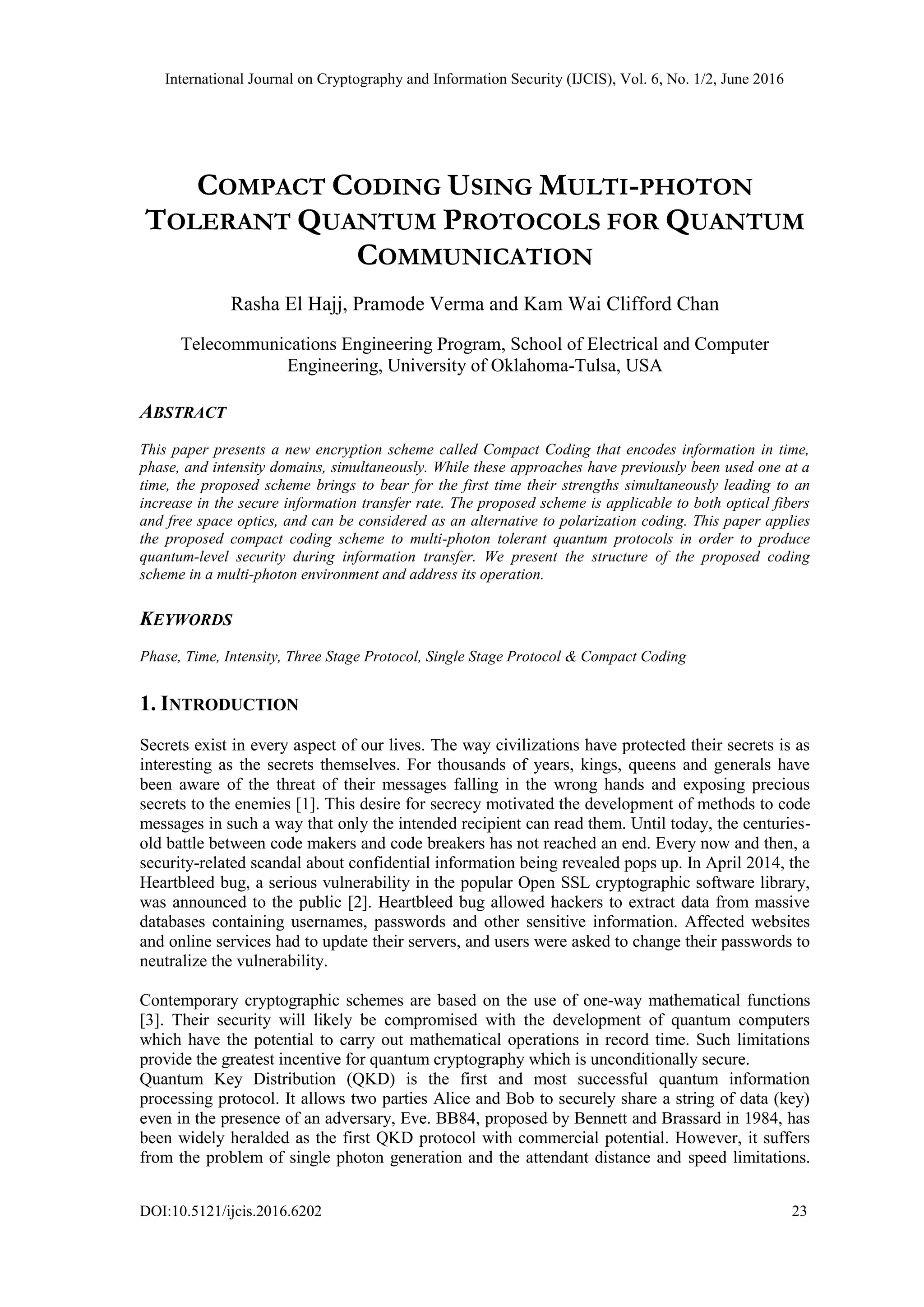 COMPACT CODING USING MULTI-PHOTON TOLERANT QUANTUM PROTOCOLS FOR ...