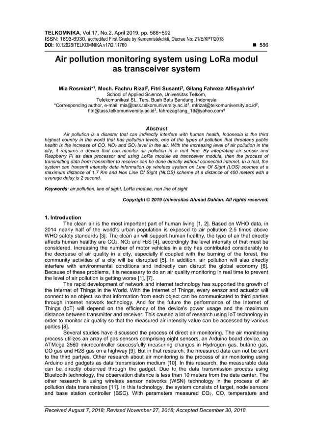 Air pollution monitoring system using LoRa modul as transceiver system | PDF