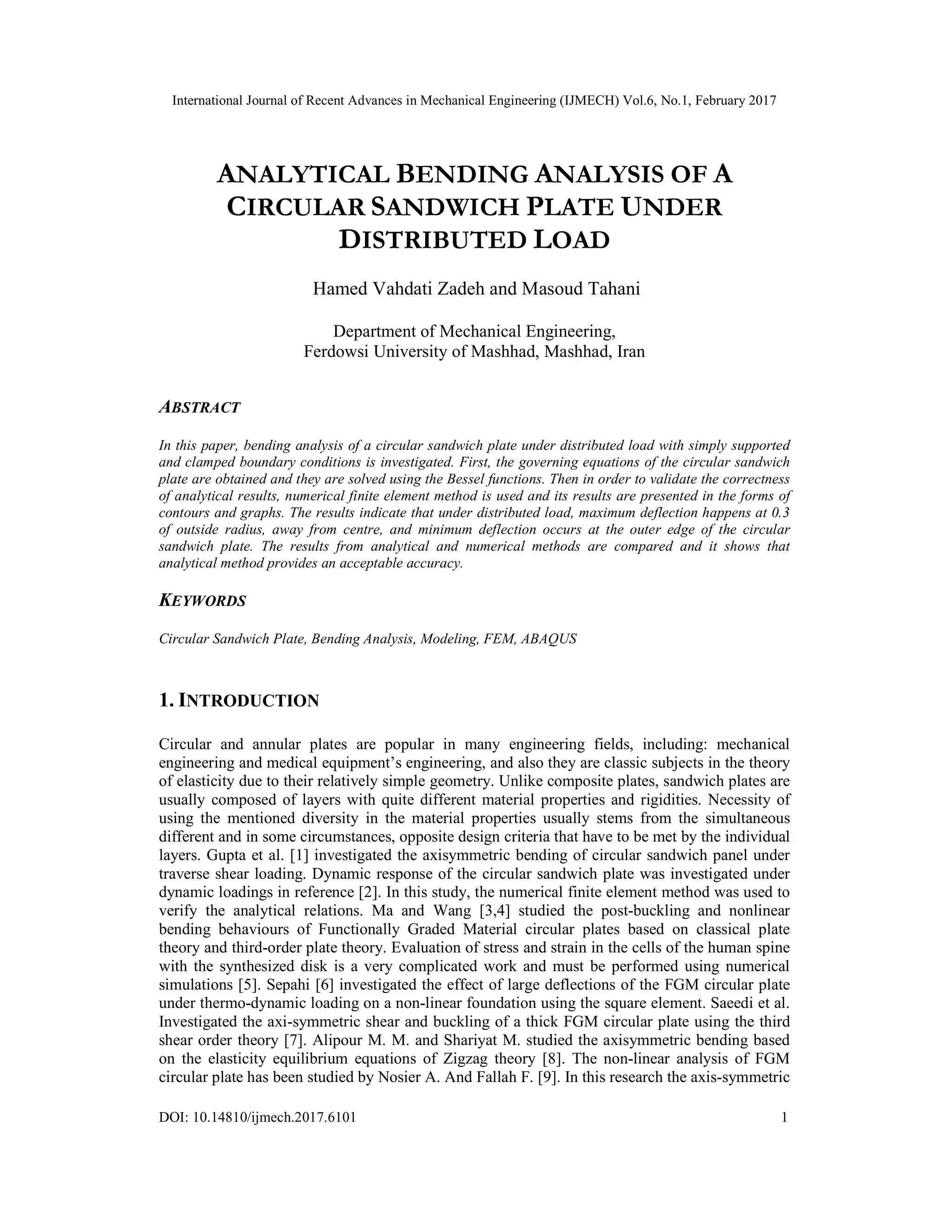 ANALYTICAL BENDING ANALYSIS OF A CIRCULAR SANDWICH PLATE UNDER ...