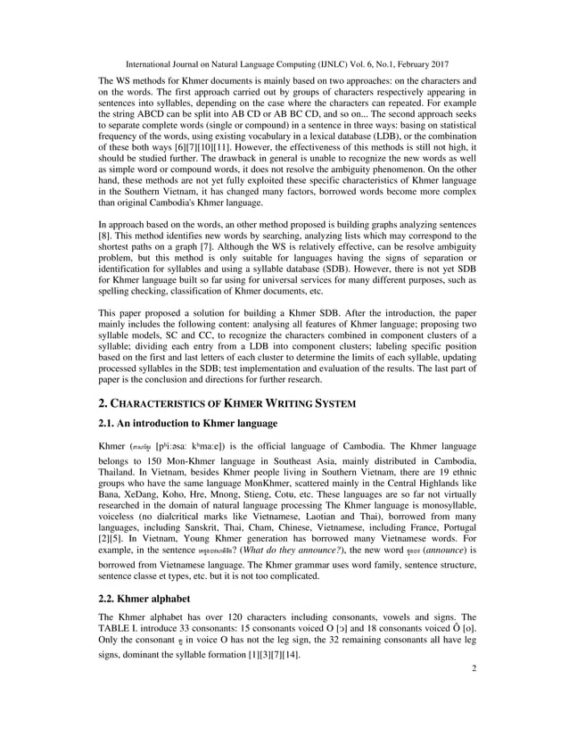 BUILDING A SYLLABLE DATABASE TO SOLVE THE PROBLEM OF KHMER WORD SEGMENTATION | PDF