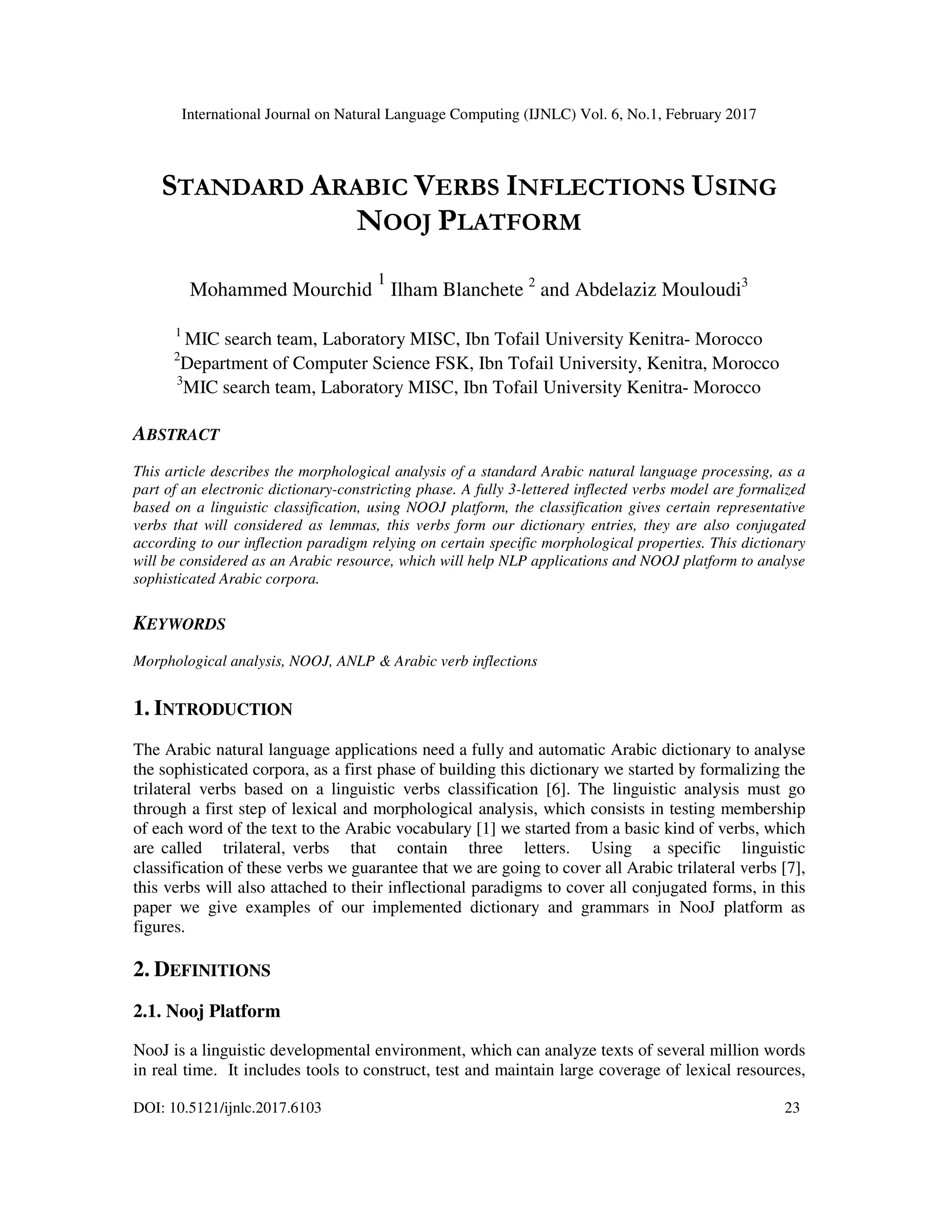 STANDARD ARABIC VERBS INFLECTIONS USING NOOJ PLATFORM | PDF