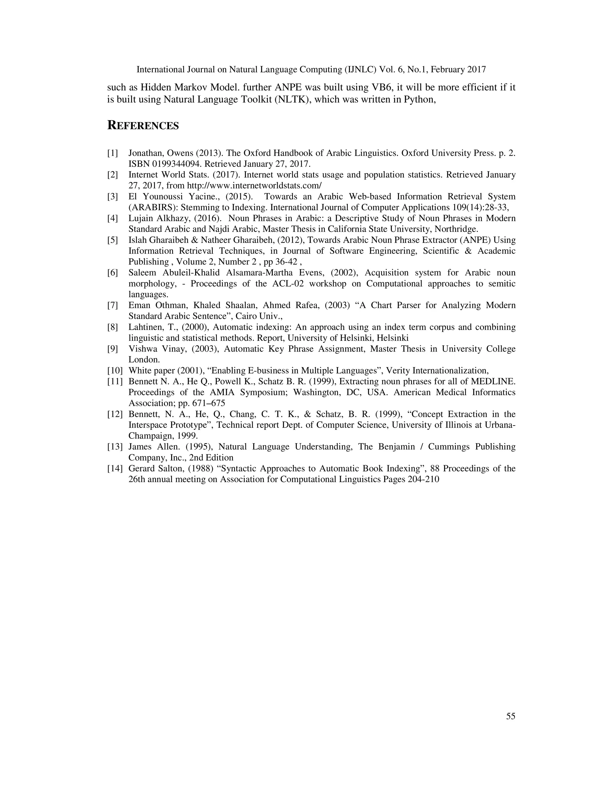 DEVELOPMENT OF ARABIC NOUN PHRASE EXTRACTOR (ANPE) | PDF