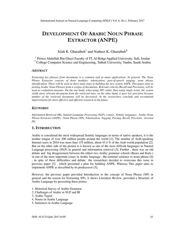 DEVELOPMENT OF ARABIC NOUN PHRASE EXTRACTOR (ANPE) | PDF